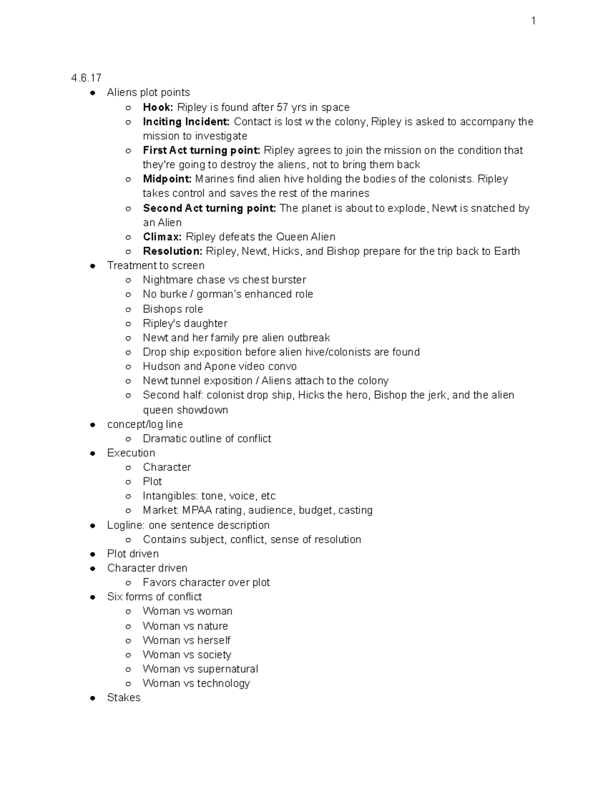 Film structure class notes - 1 4. Aliens plot points Hook: Ripley is ...