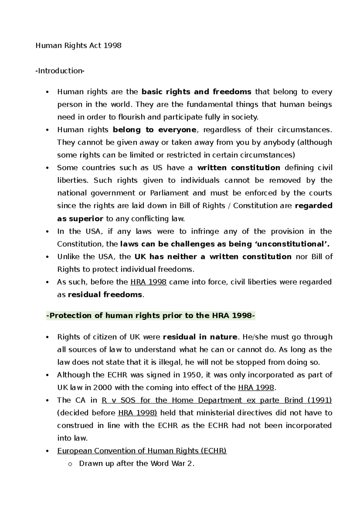 CLR Notes: HRA 1998 - Human Rights Act 1998 -Introduction- Human rights ...