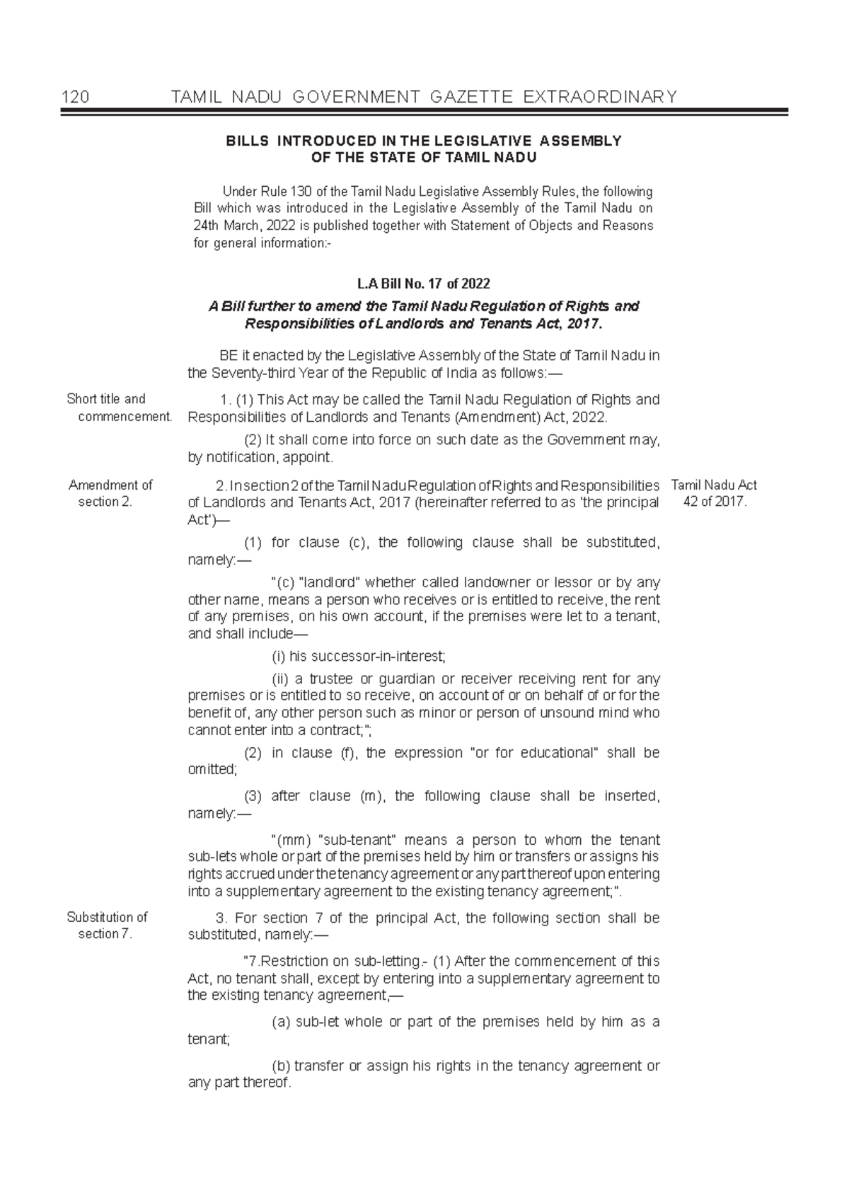Bill No 17of2022Tamil Nadu - BILLS INTRODUCED IN THE LEGISLATIVE ...
