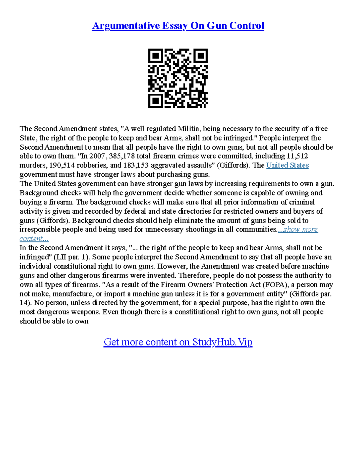 Argumentative Essays On Gun Control - " People interpret the Second ...