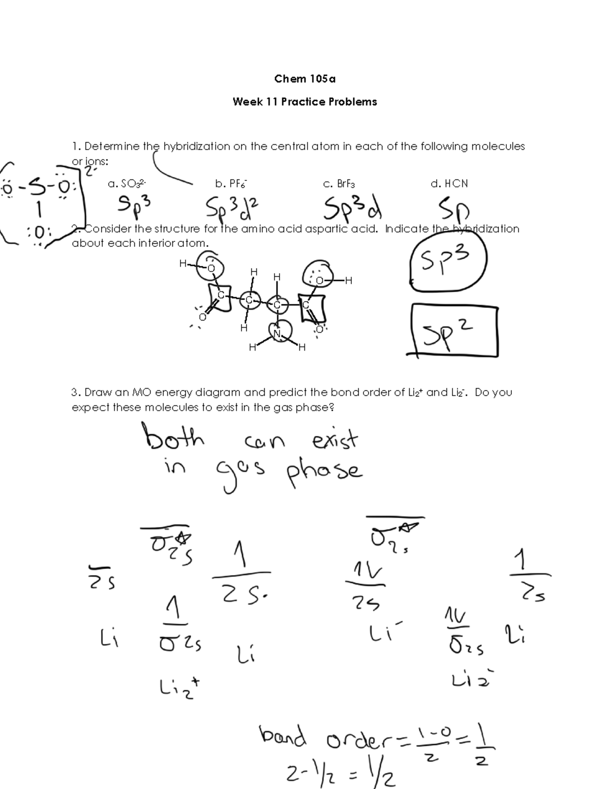Week 11 Practice Problems 2 - Chem 105a Week 11 Practice Problems Determine the hybridization on ...