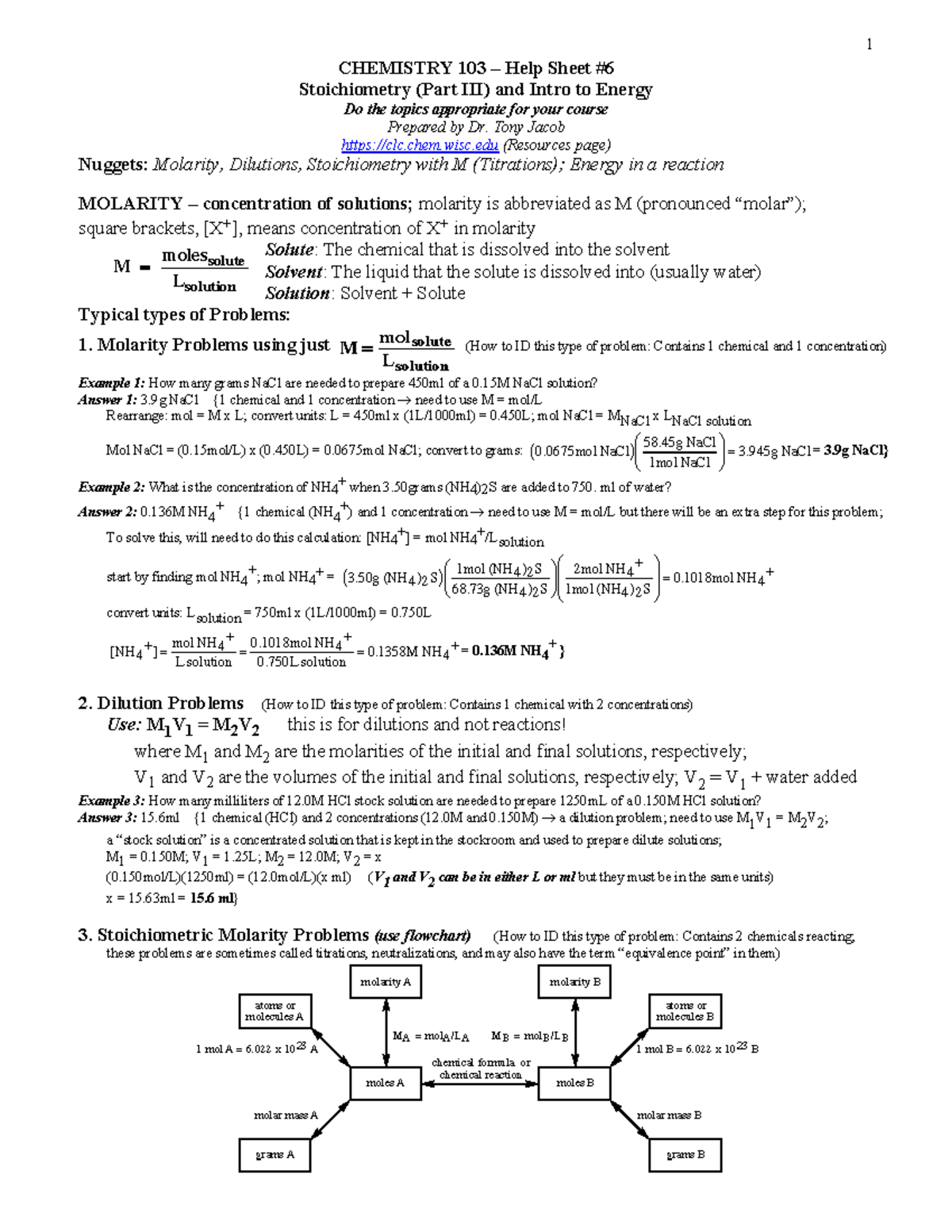 Helpsheet 06 103 - CHEMISTRY 103 – Help Sheet Stoichiometry (Part III ...