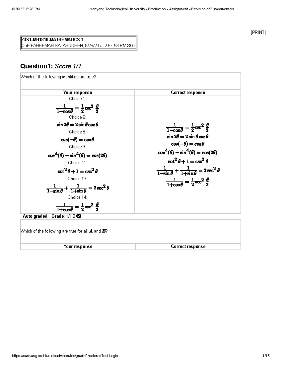 Assignment - Revision of Fundamentals Answers - [PRINT] 23S1-MH1810-MATHEMATICS 1, CoE FAHEEMAH ...