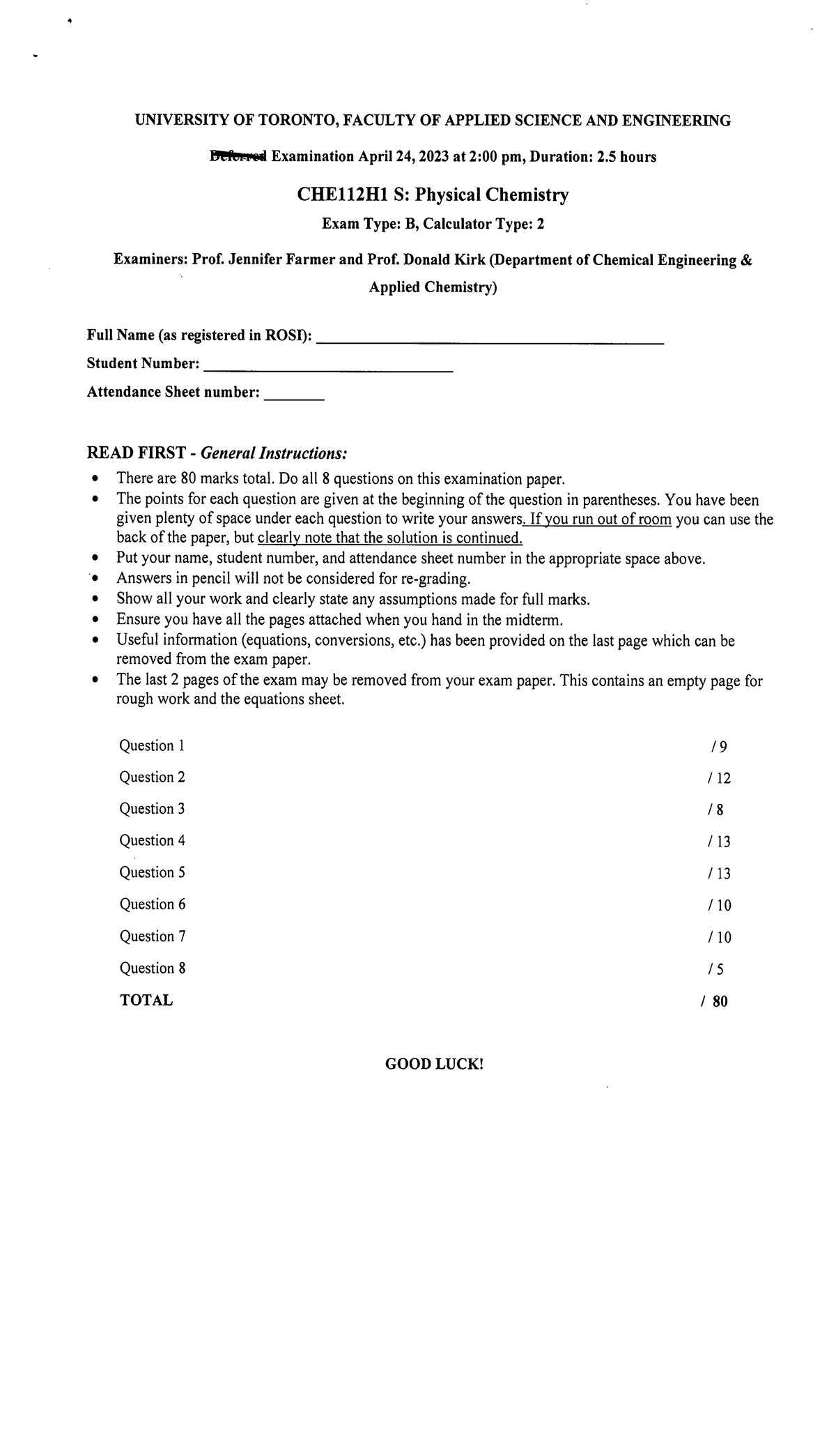 CHE112 Physical Chem - UNIVERSITY OF TORONTO, FACULTY OF APPLIED ...