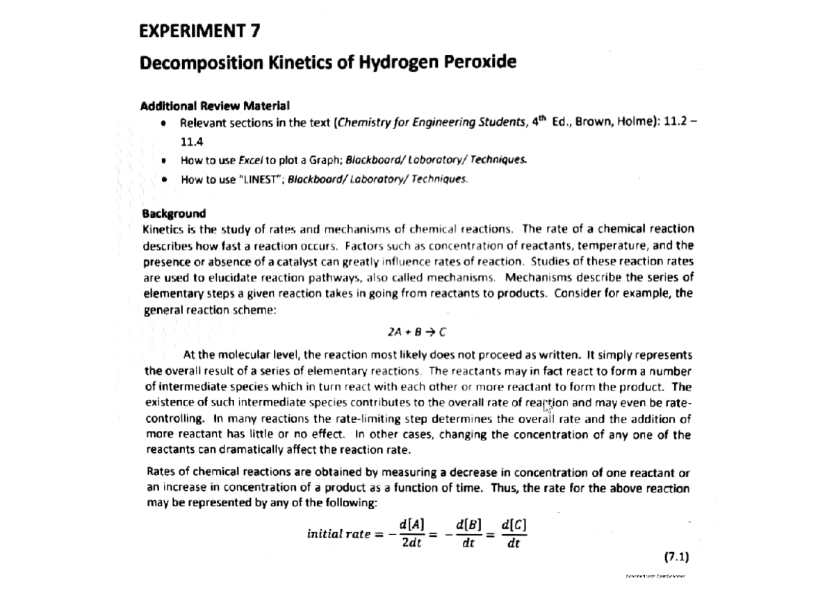 Decomposition kinetic of Hydrogen peroxide - CHEM 266 - Studocu