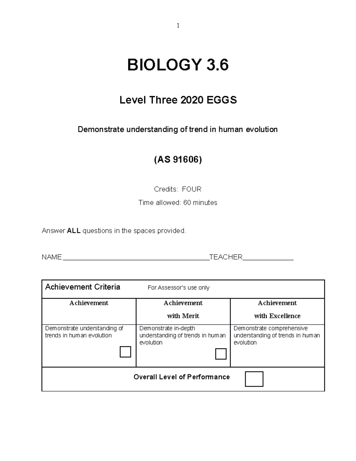 Human Evolution - practice - BIOLOGY 3. Level Three 2020 EGGS ...