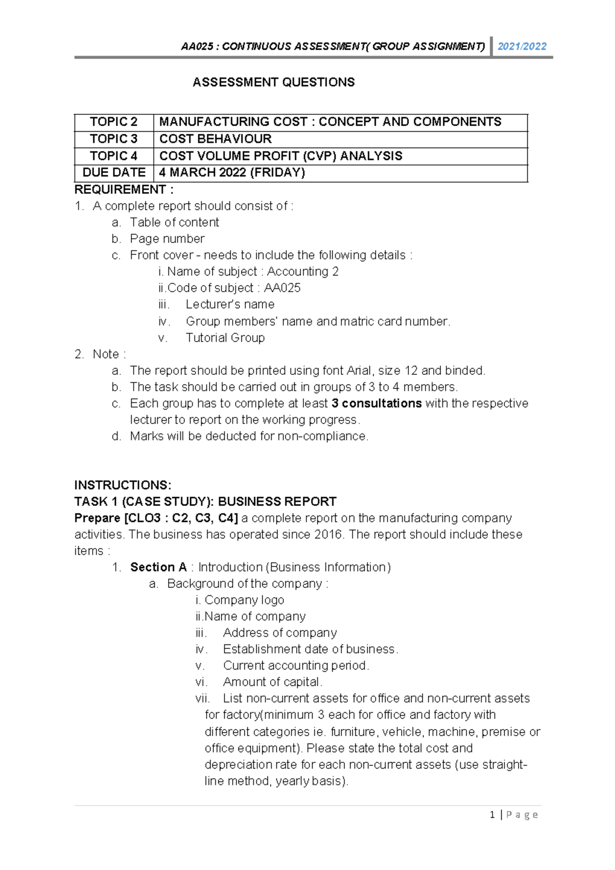 Assesment Accounting AA025 - TOPIC 2 MANUFACTURING COST : CONCEPT AND COMPONENTS TOPIC 3 COST ...