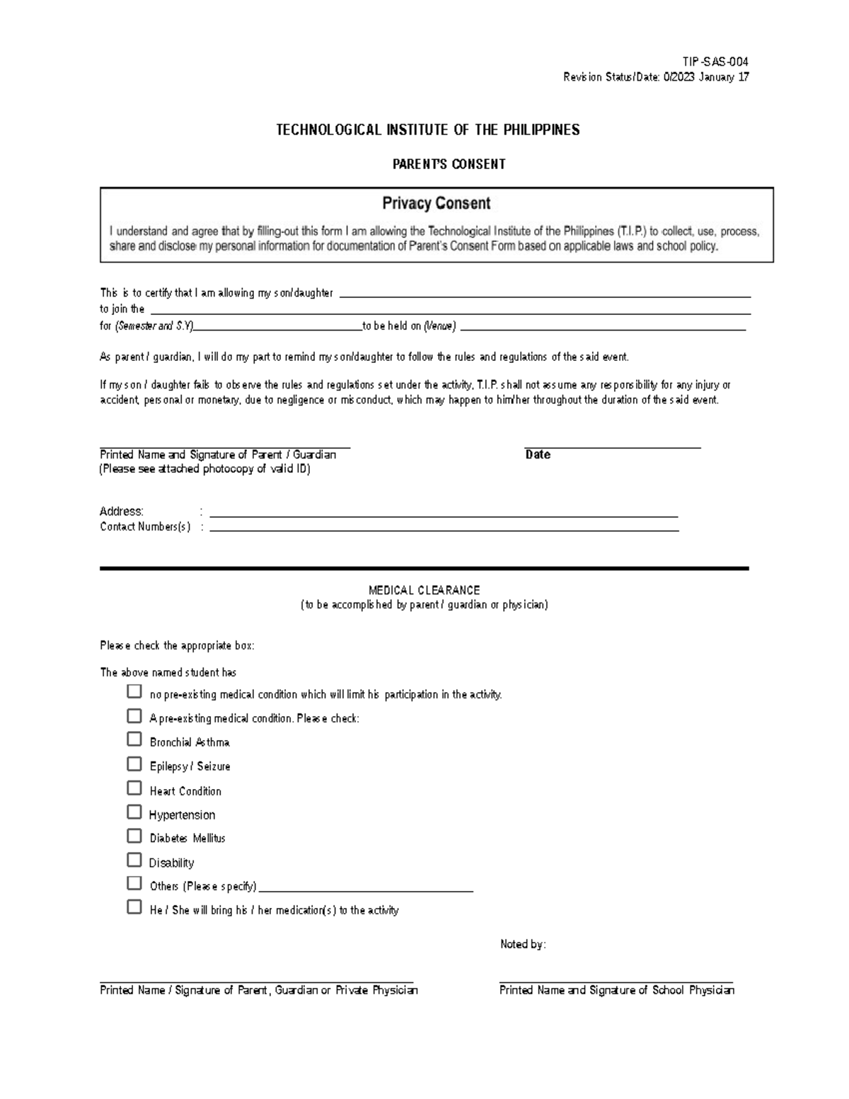 TIP SAS 004 Parents Consent FORM - TIP-SAS- Revision Status/Date: 0/ ...