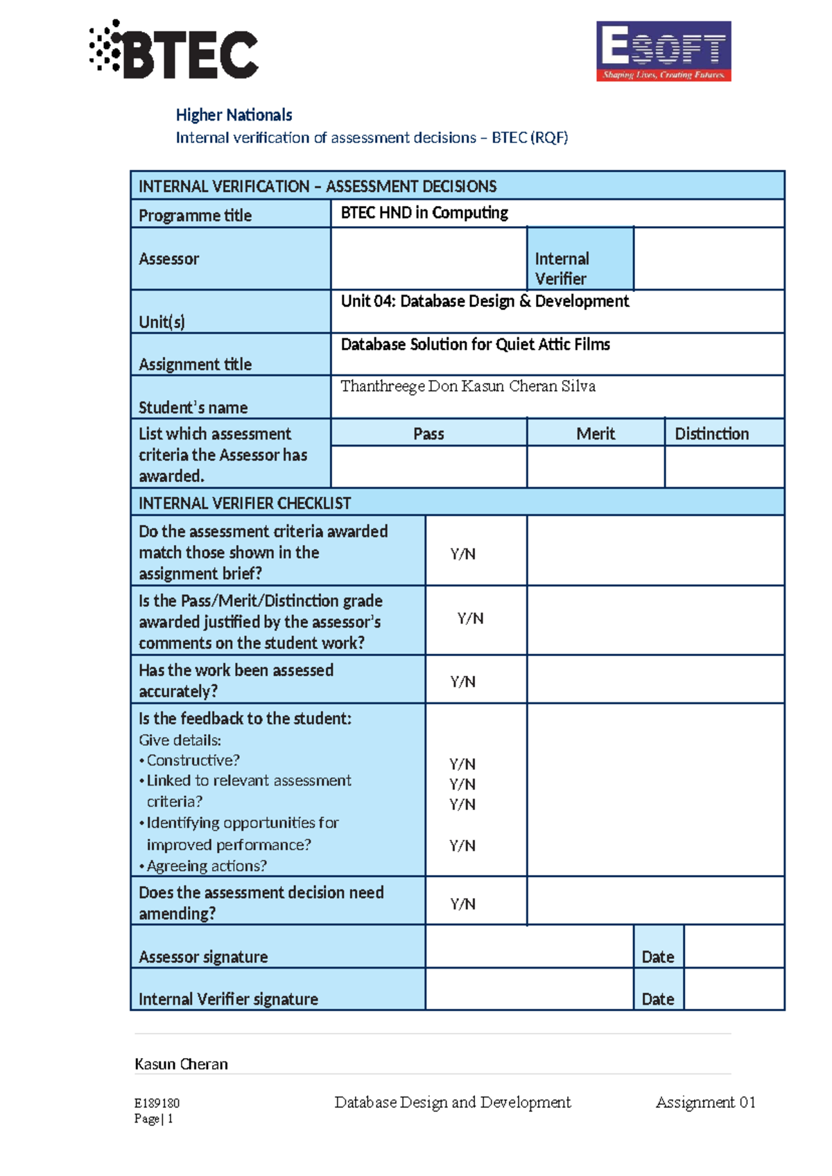 E189180 Unit 4 Database Assignment-Kasun Cheran - Higher Nationals Internal verification of ...