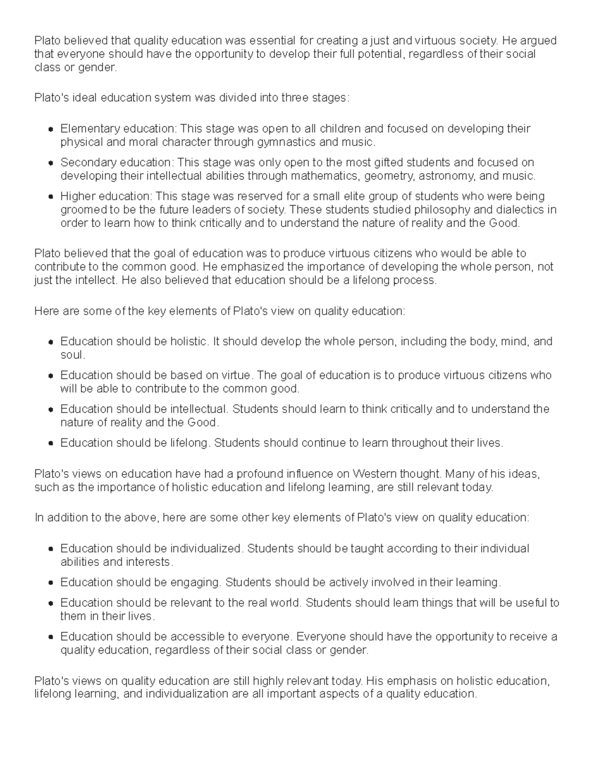 PLatos view - Plato believed that quality education was essential for ...