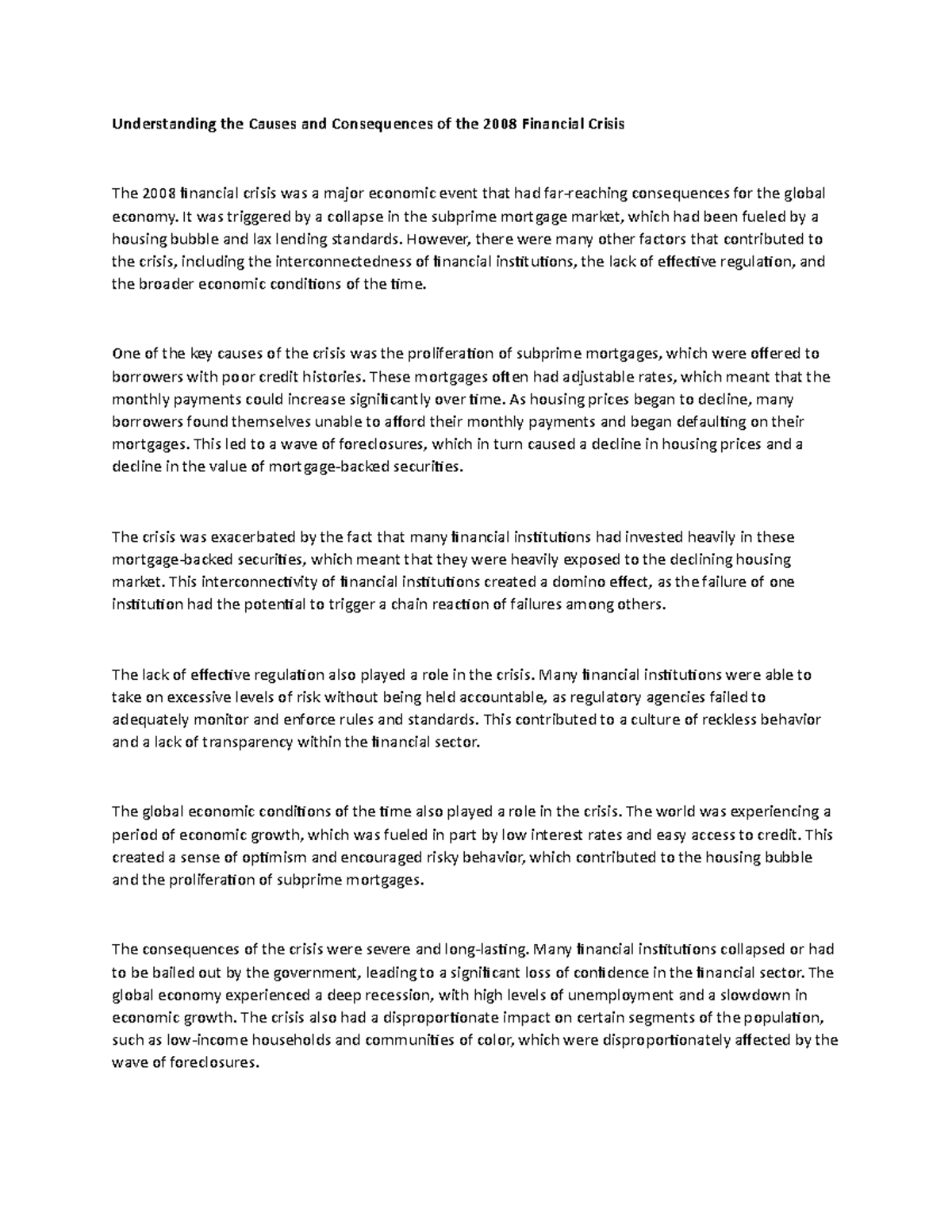 Understanding the Causes and Consequences of the 2008 Financial Crisis ...