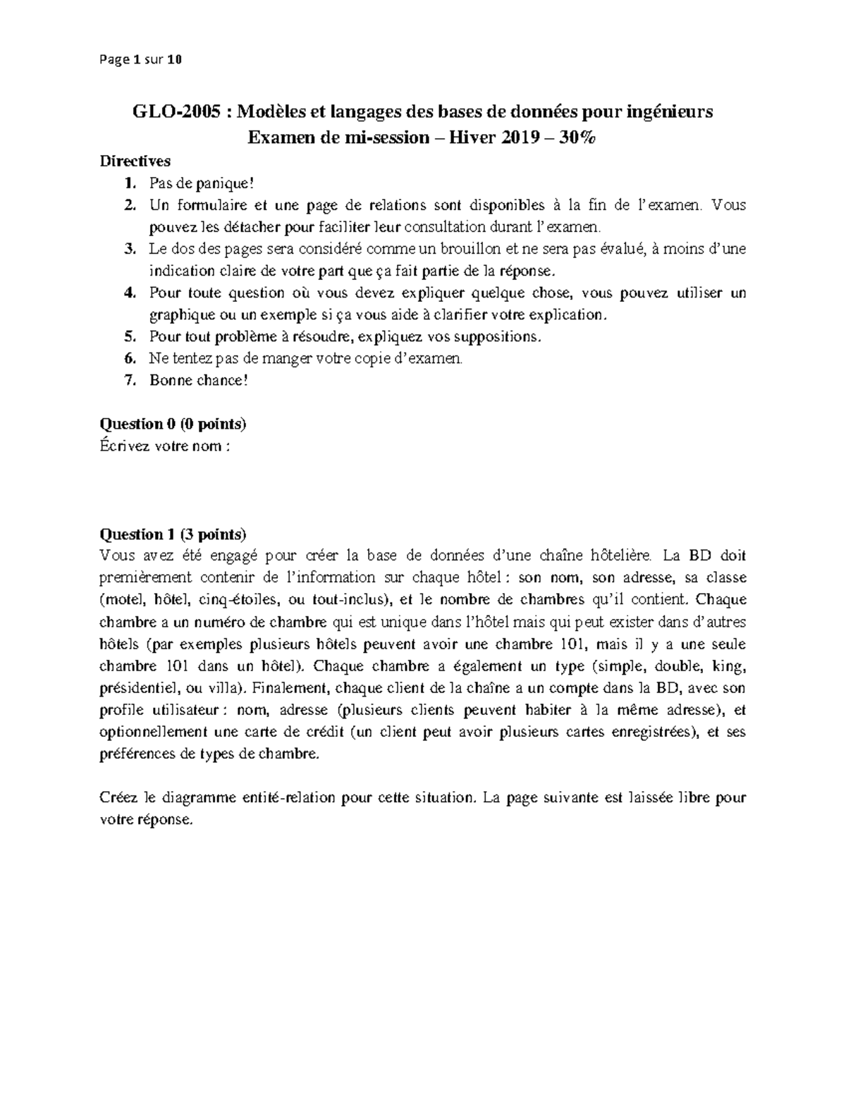 2019 Examen mi-session - GLO- 2005 : Modèles et langages des bases de ...