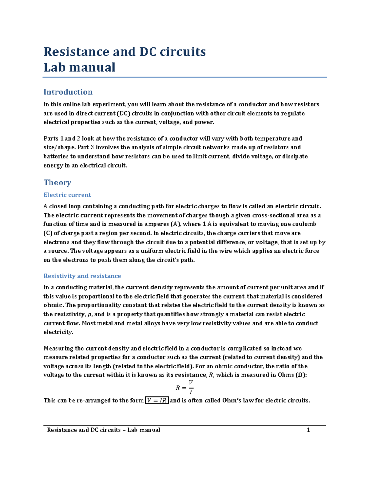 Resistance and DC circuits - Lab manual - Resistance and DC circuits ...
