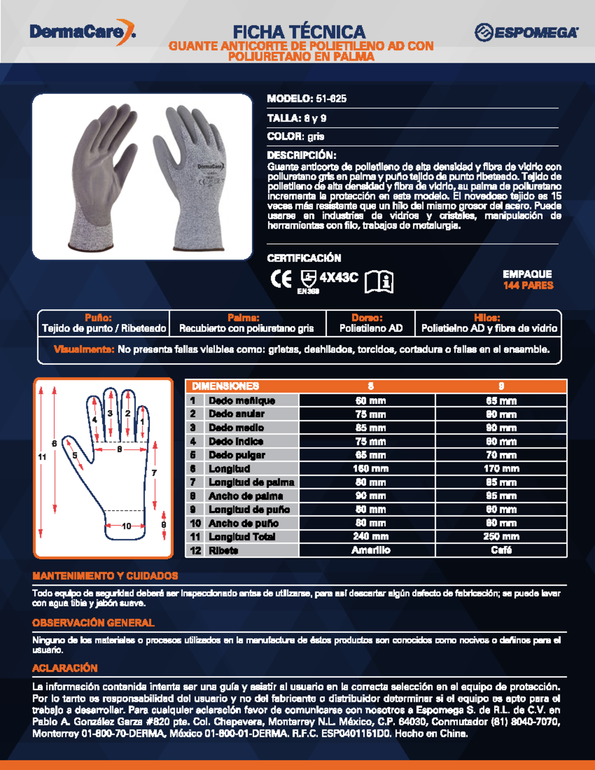 FT-51-625 - DermaCare FICHA TÉCNICA ESPOMEGA GUANTE ANTICORTE DE POLIETILENO AD CON POLIURETANO ...