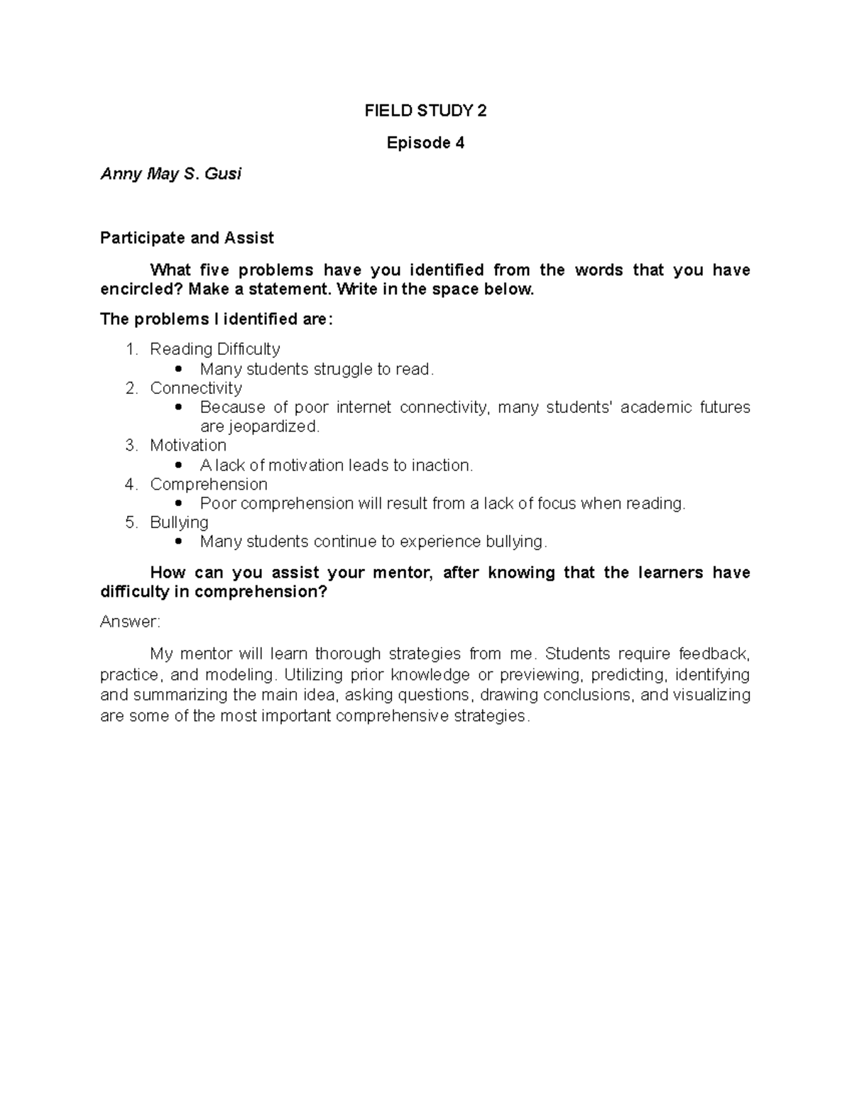 Learning episode 4 - None - FIELD STUDY 2 Episode 4 Anny May S. Gusi ...
