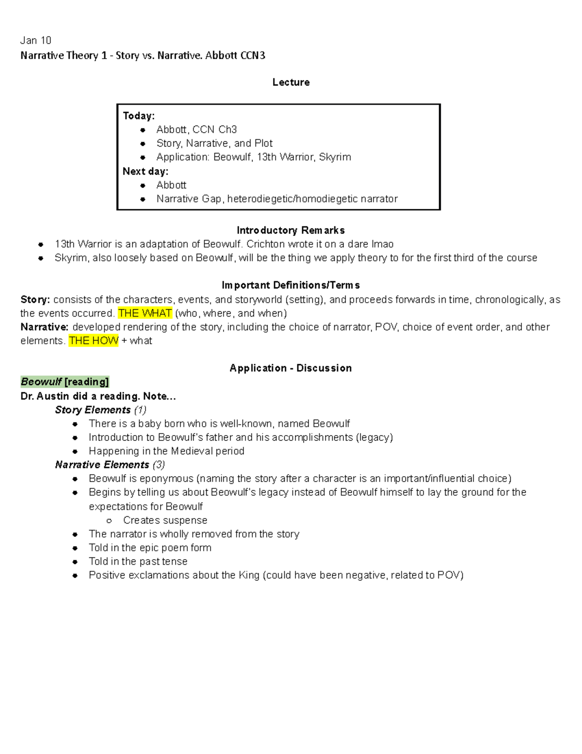 2A - Lecture Notes - Jan 10 Narrative Theory 1 - Story vs. Narrative ...