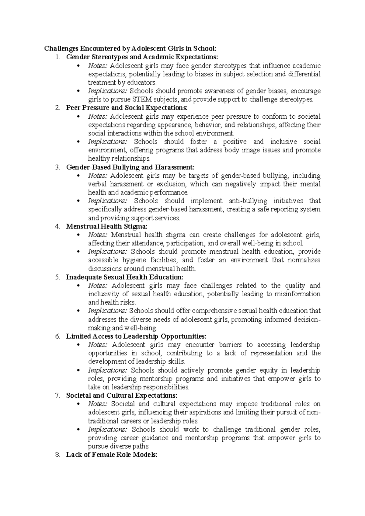 Challenges Encountered by Adolescent Girls in School - Gender ...