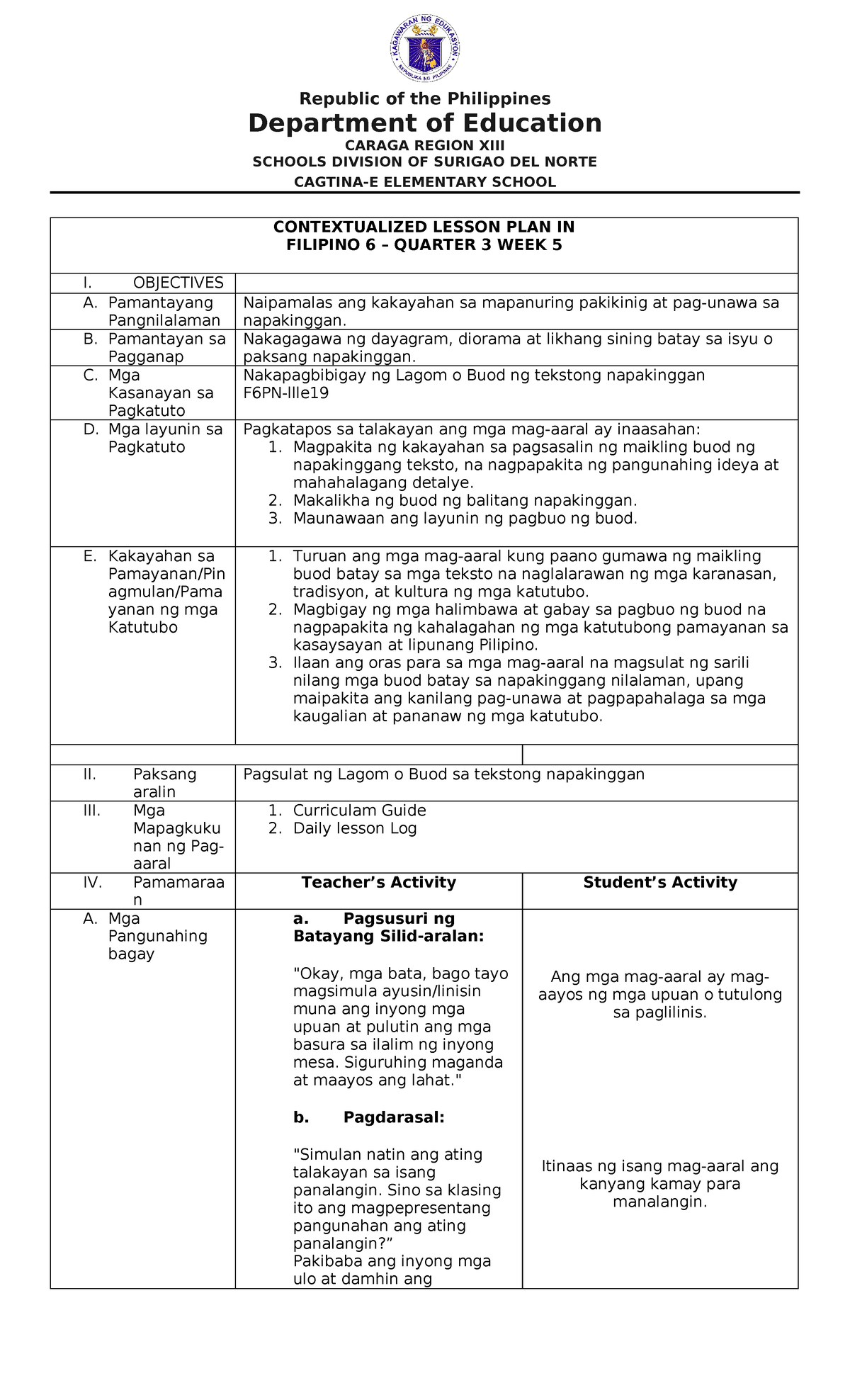 Filipino LP - Department of Education CARAGA REGION XIII SCHOOLS ...