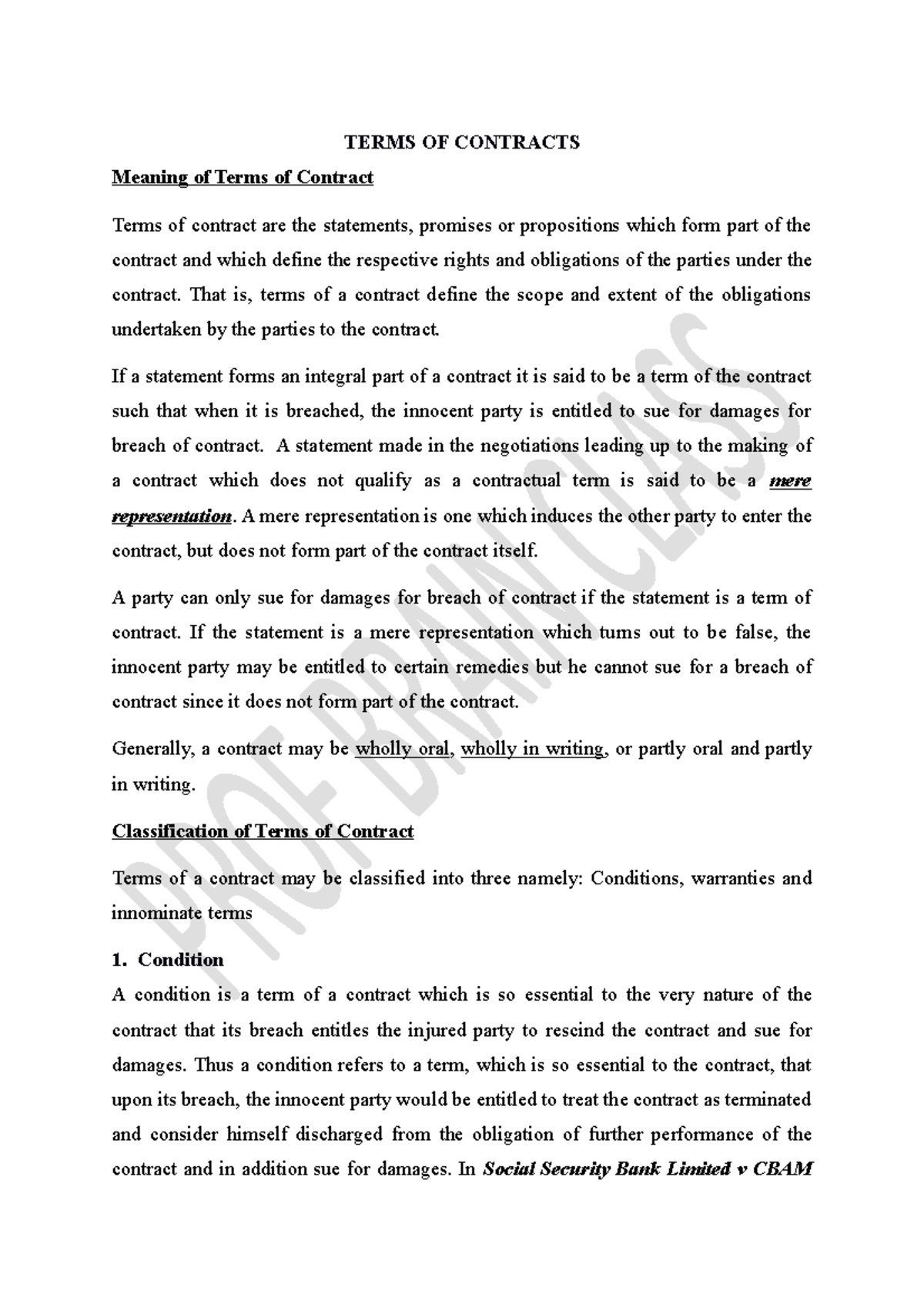 Terms OF Contract Summary Notes - TERMS OF CONTRACTS Meaning of Terms ...