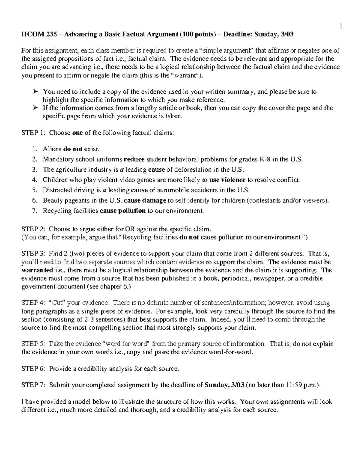 Factual Argument HCOM 235 - 1 HCOM 235 – Advancing a Basic Factual ...