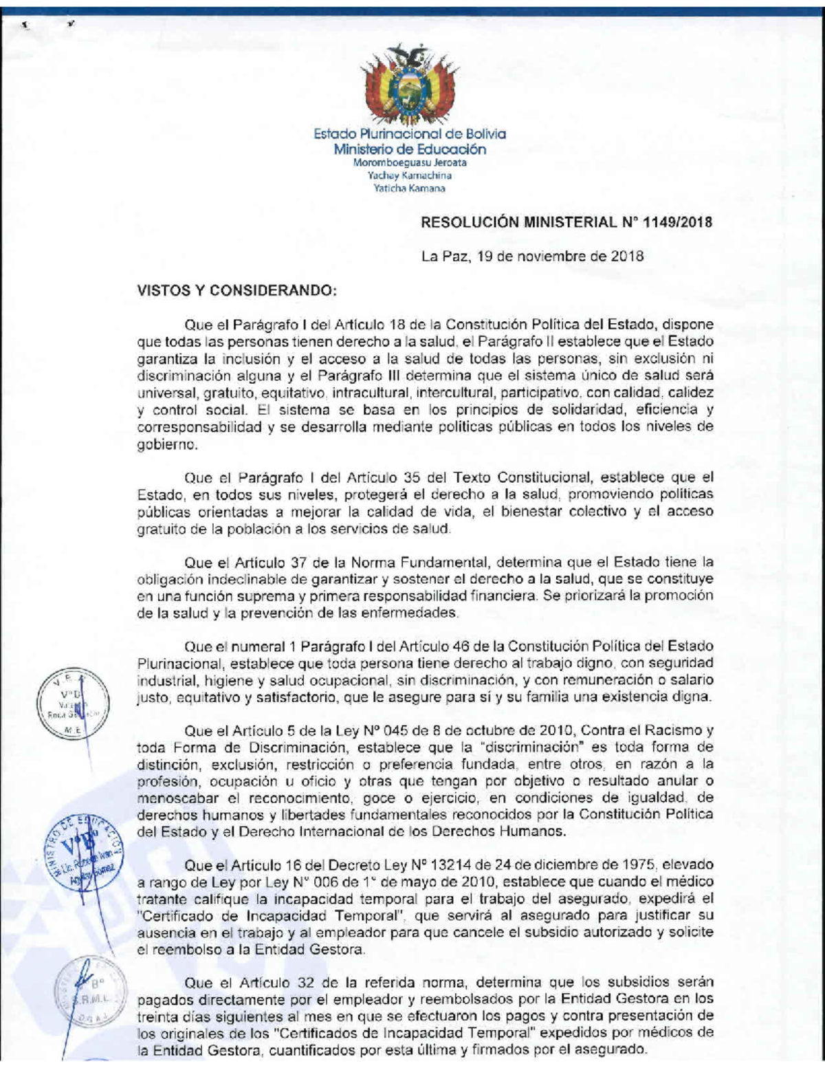 RM Nº1149 2018 - resolucion - Estado Plu de Bolivia Minis1eriode ...
