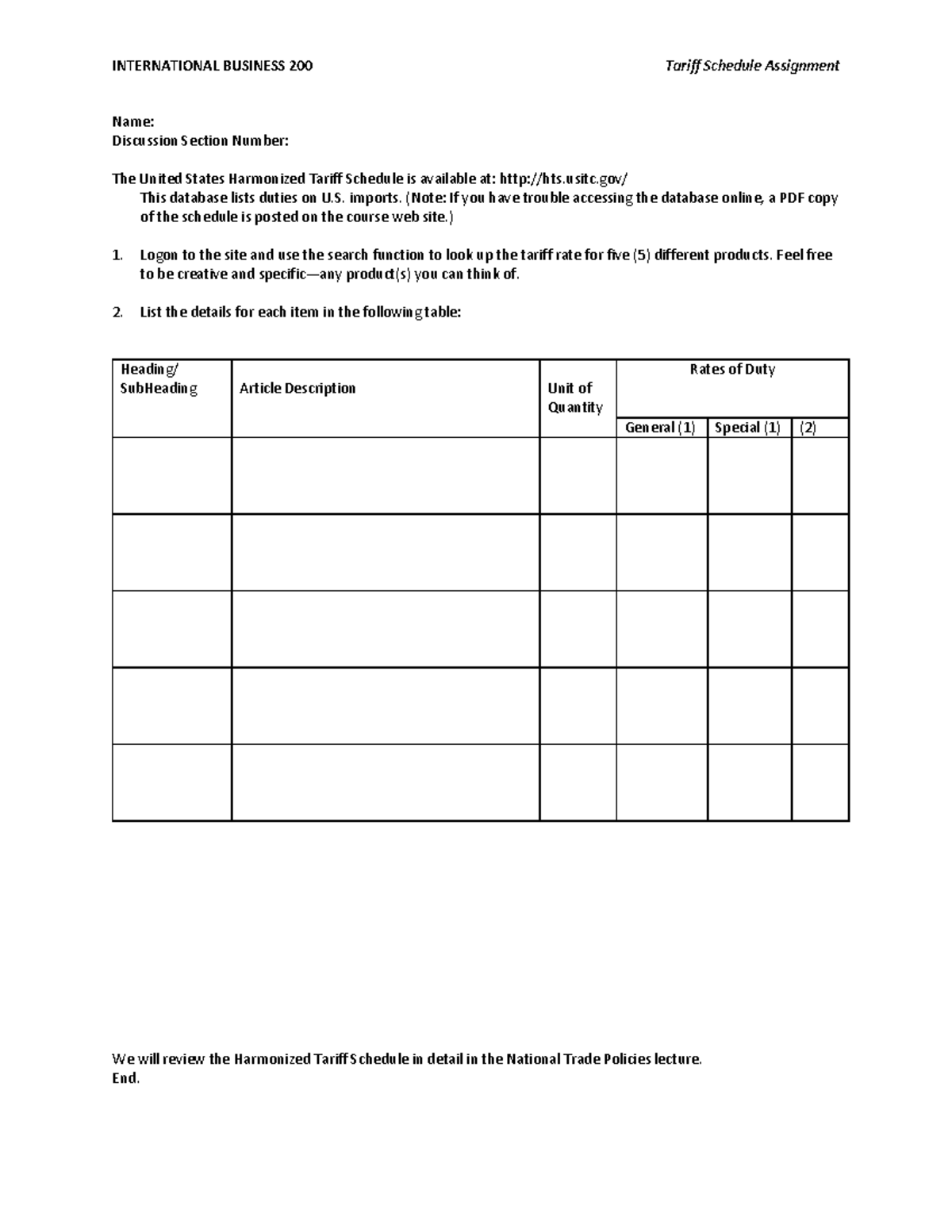 Tariff Schedule Assignment-2 - INTERNATIONAL BUSINESS 200 Tariff - Studocu
