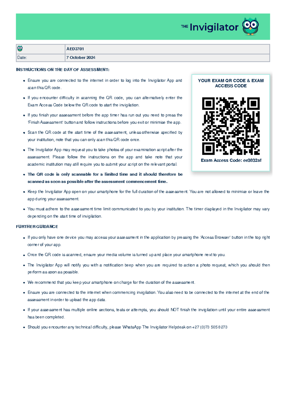 QR code and student instructions - YOUR EXAM QR CODE & EXAM ACCESS CODE ...