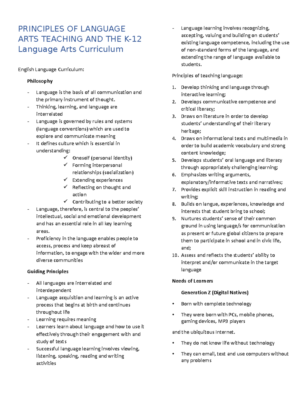 Principles OF Language ARTS Teaching AND THE K - PRINCIPLES OF LANGUAGE ...
