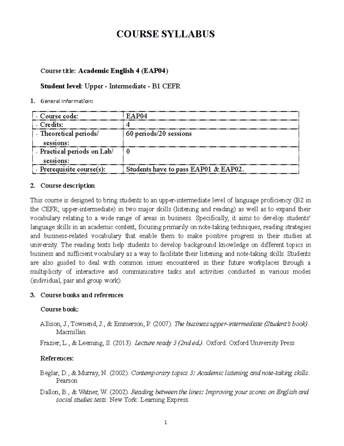 EAP 04 Business English - COURSE SYLLABUS Course title: Academic ...