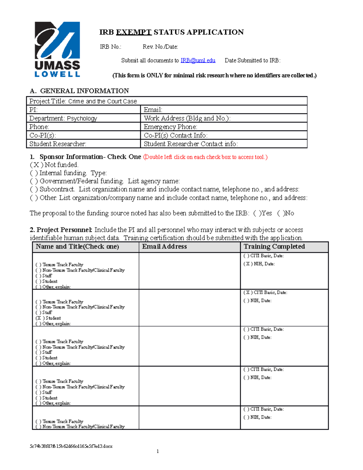 EXAMPLE IRB Exempt form - IRB EXEMPT STATUS APPLICATION IRB No.: Rev ...