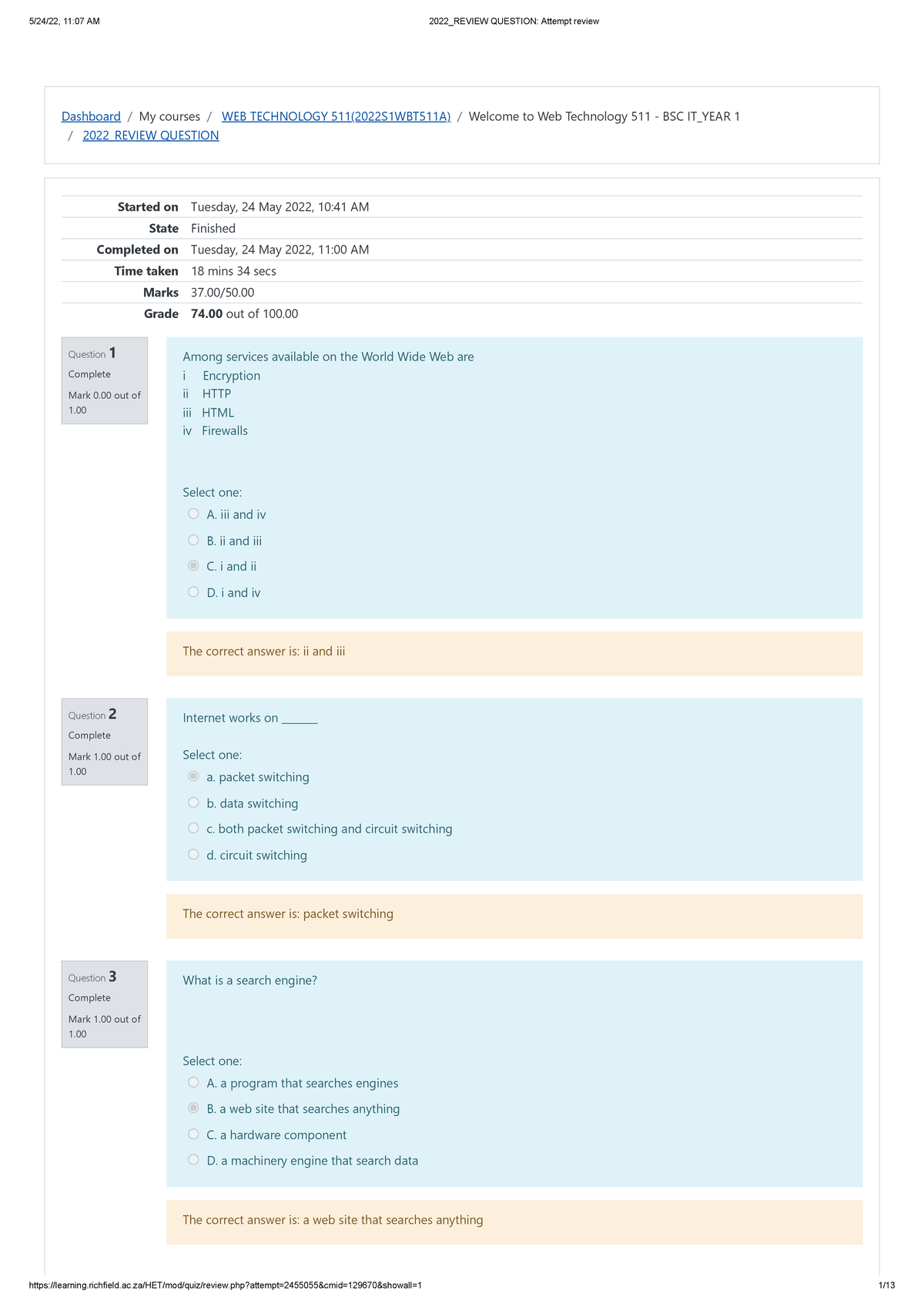 Web 2022 Review Question Attempt review - Dashboard / My courses / WEB ...