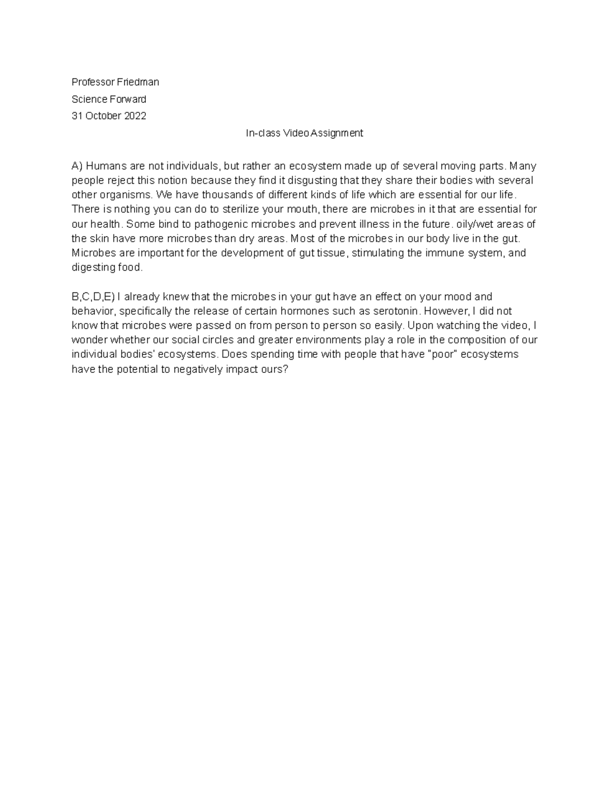 Science Forward IDC 10/31 Assignment - Professor Friedman Science ...