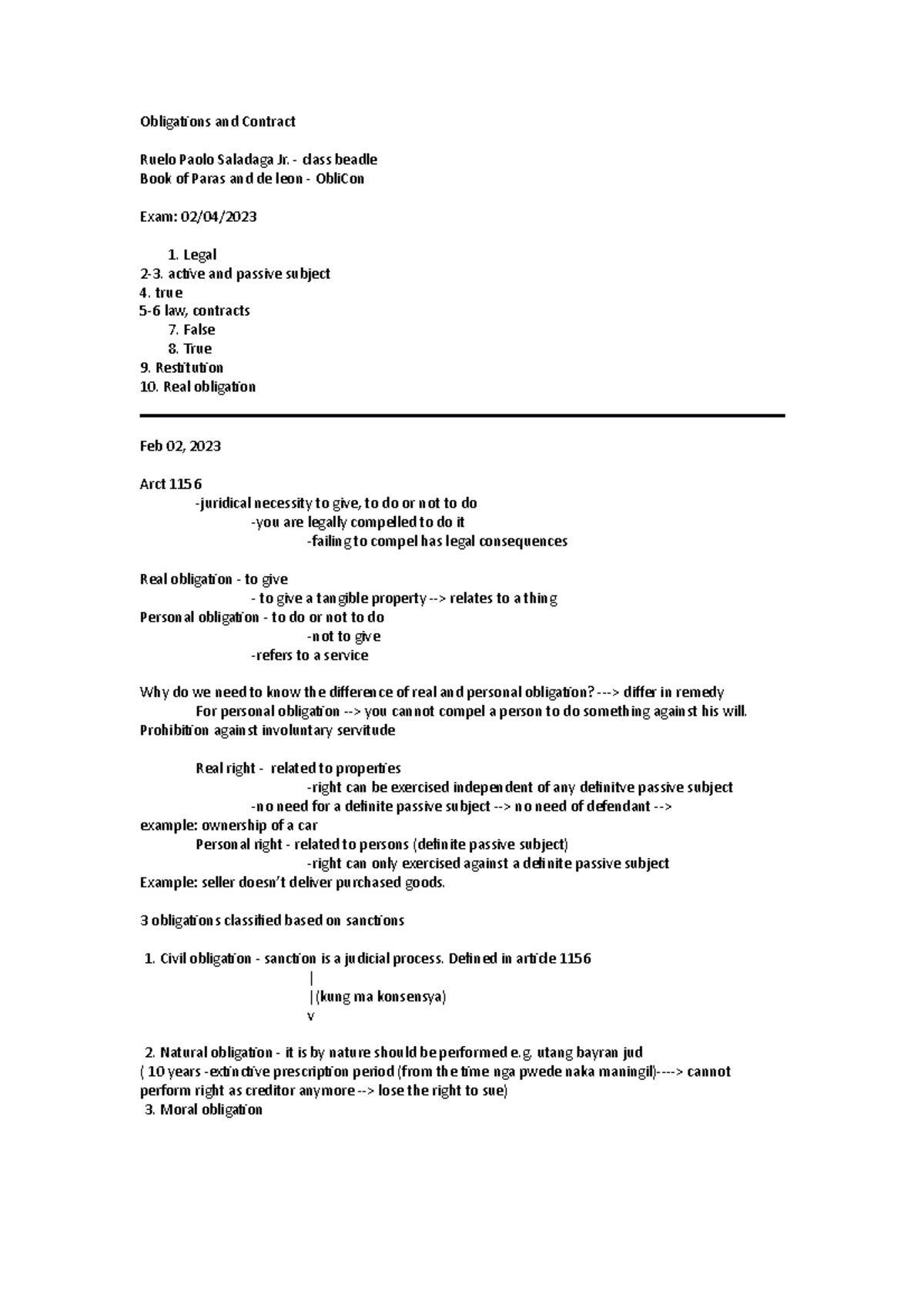 Notes oblicon - Obligations and Contract Ruelo Paolo Saladaga Jr ...