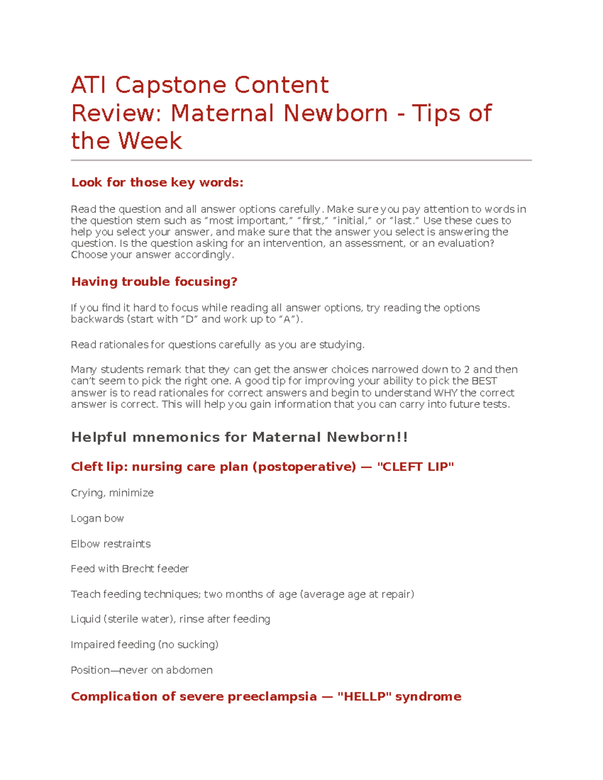 ATI Study Maternity - ATI Capstone Content Review: Maternal Newborn ...