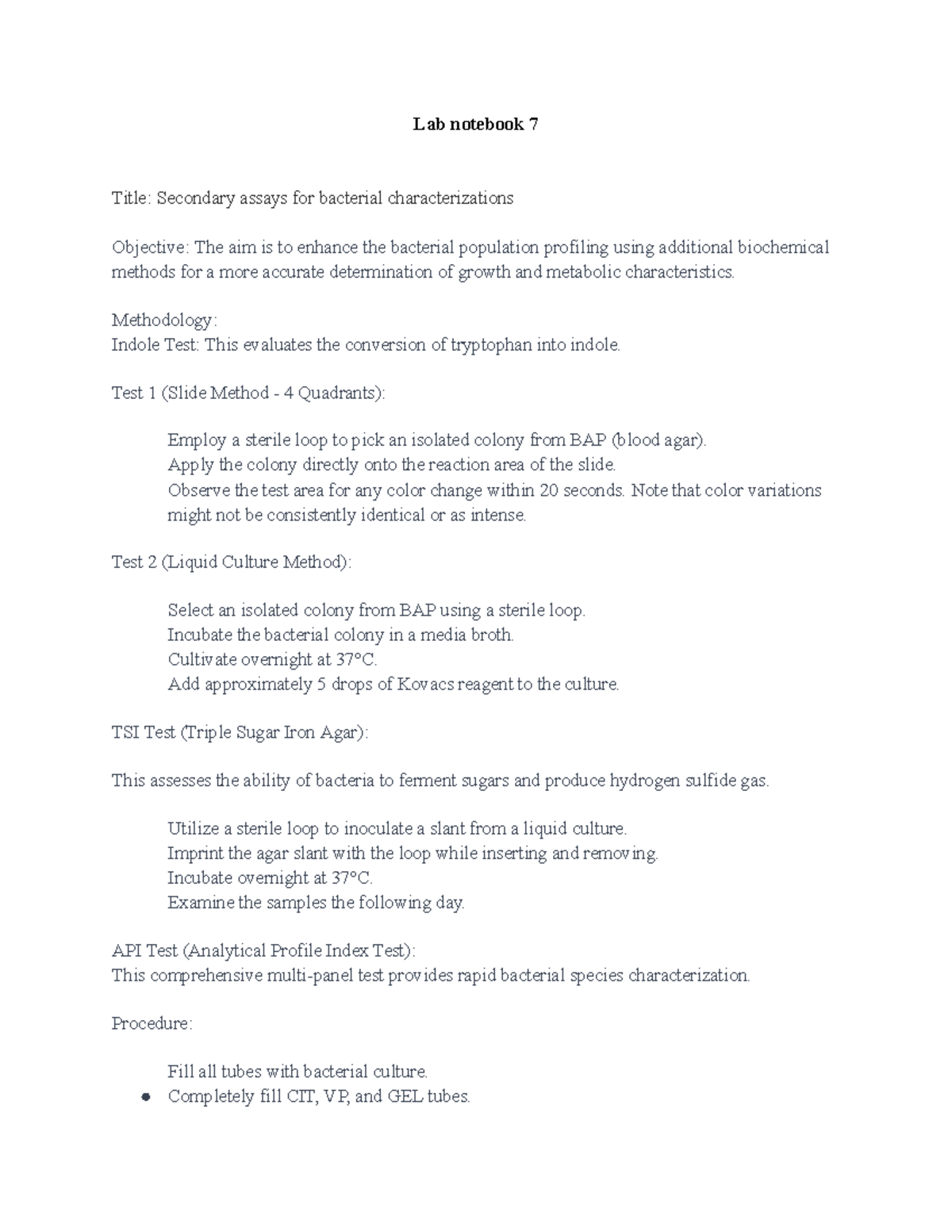 Lab notebook 7 - ... - Lab notebook 7 Title: Secondary assays for ...
