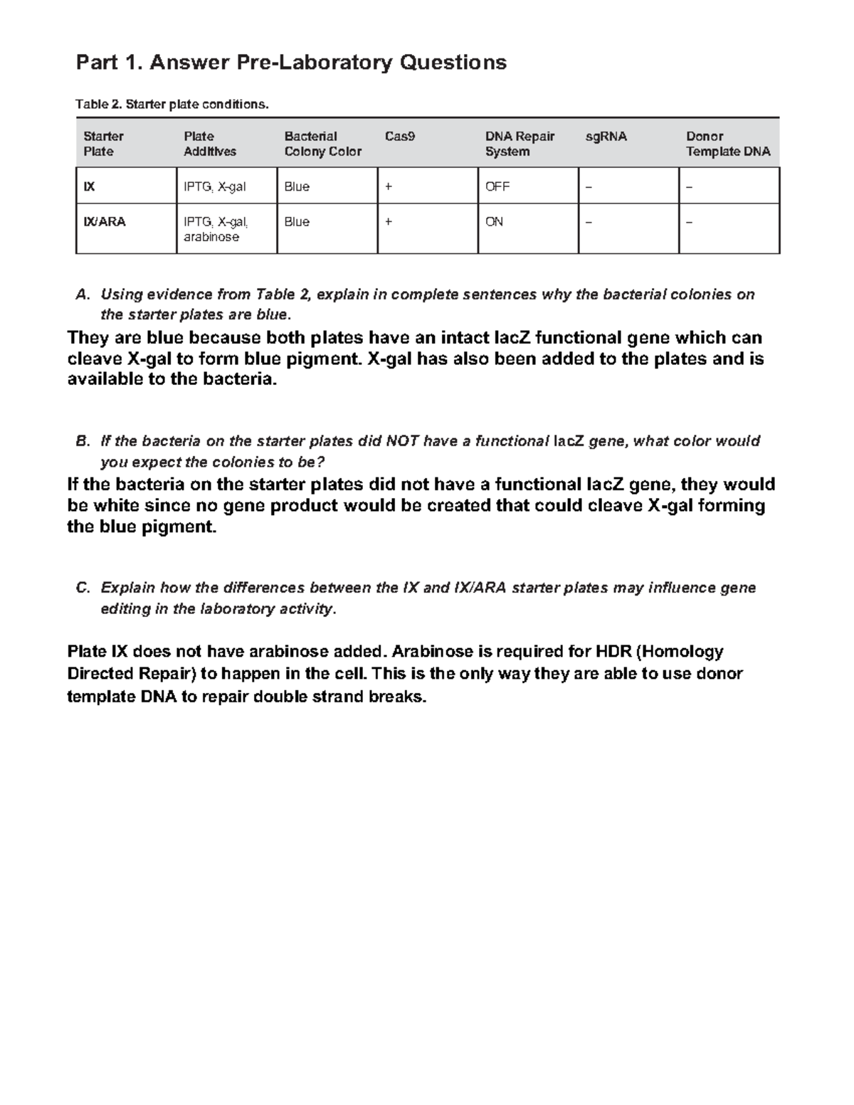 CRISPR Pre lab Questions - Part 1. Answer Pre-Laboratory Questions ...