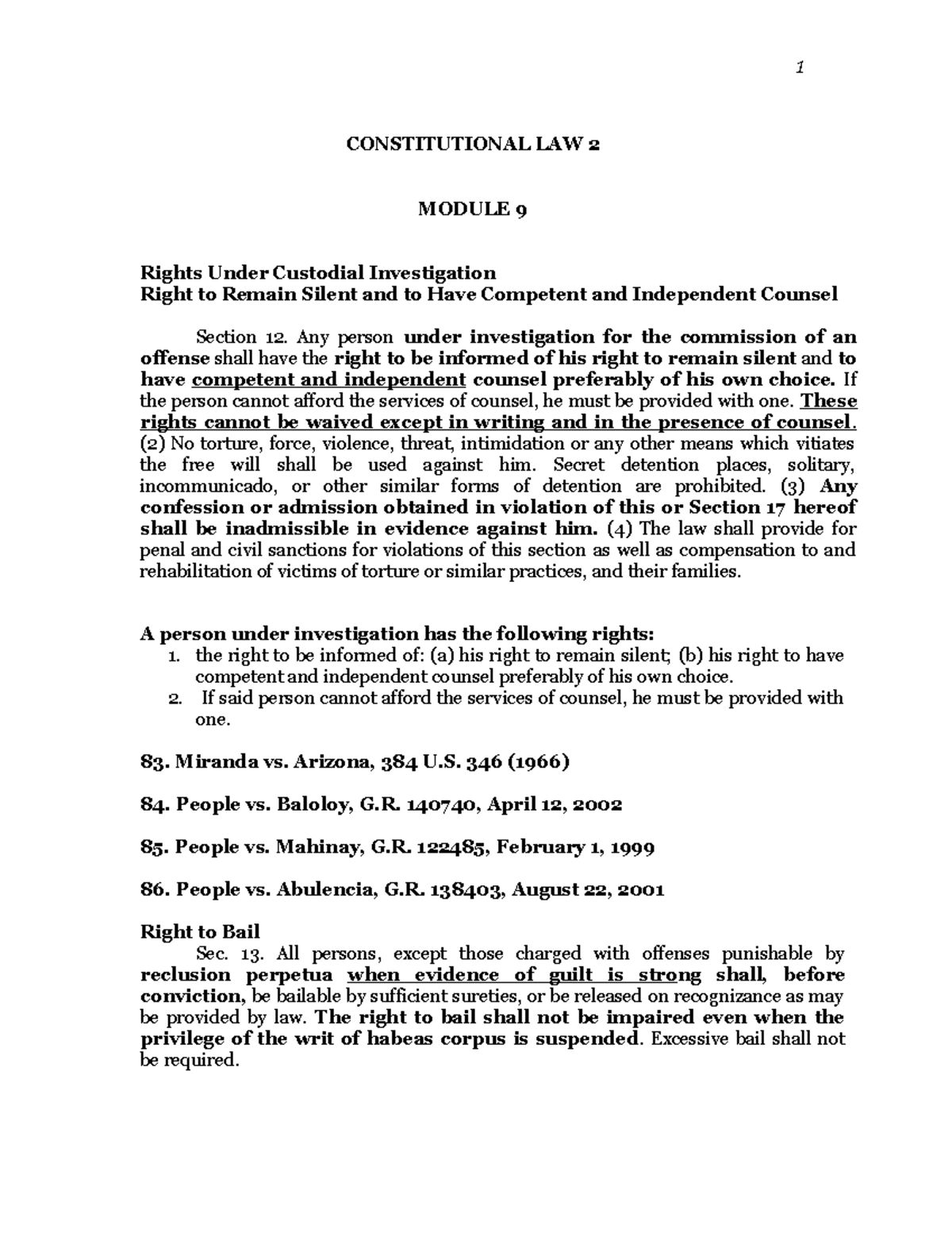 Module+9 - Notes - CONSTITUTIONAL LAW 2 MODULE 9 Rights Under Custodial ...