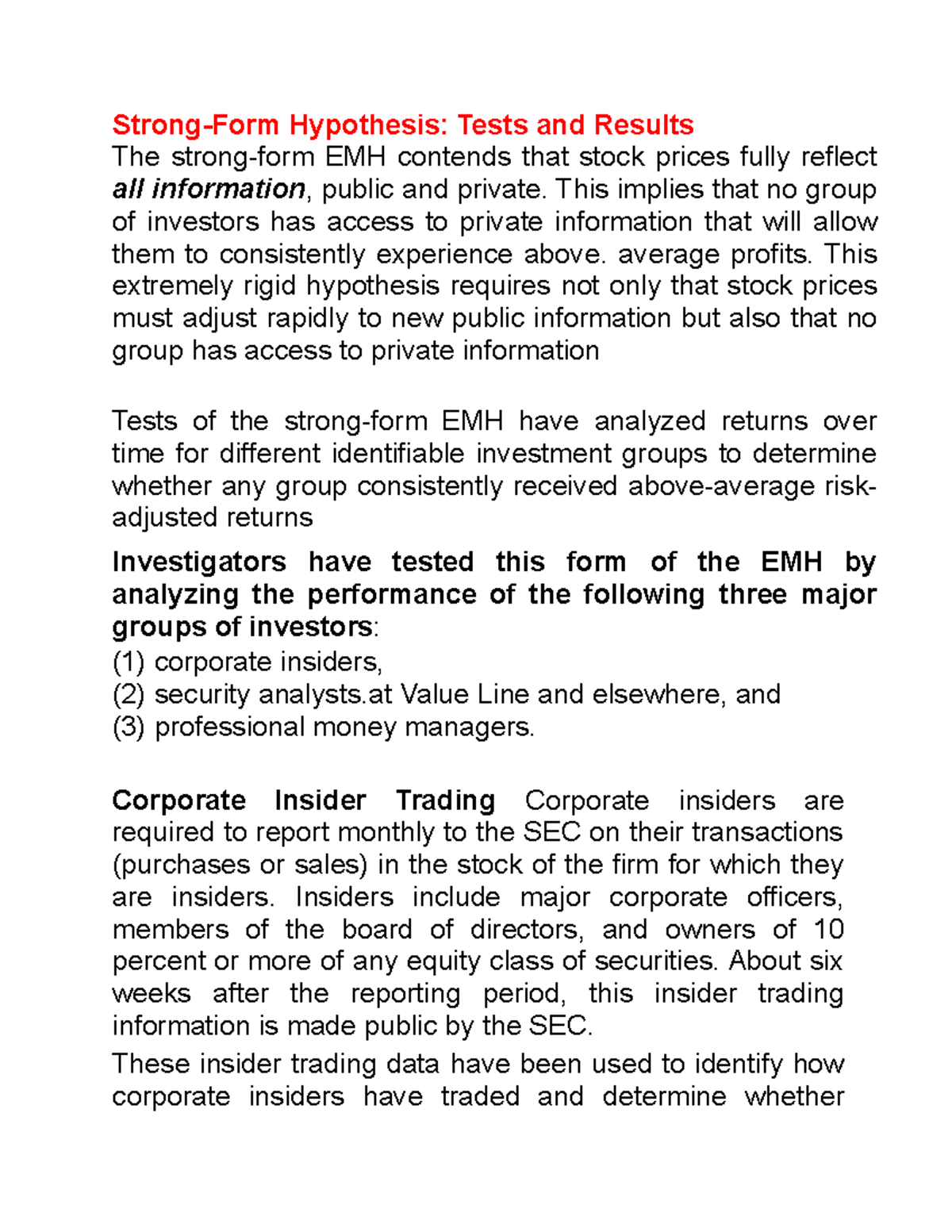 Strong Form Hypothesis Tests and Results - Strong-Form Hypothesis ...