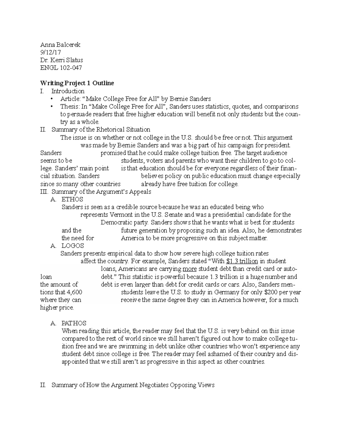 WP1 Outline - Rhetorical Analysis, Dr. Kerri Slatus - Anna Balcerek 9 ...