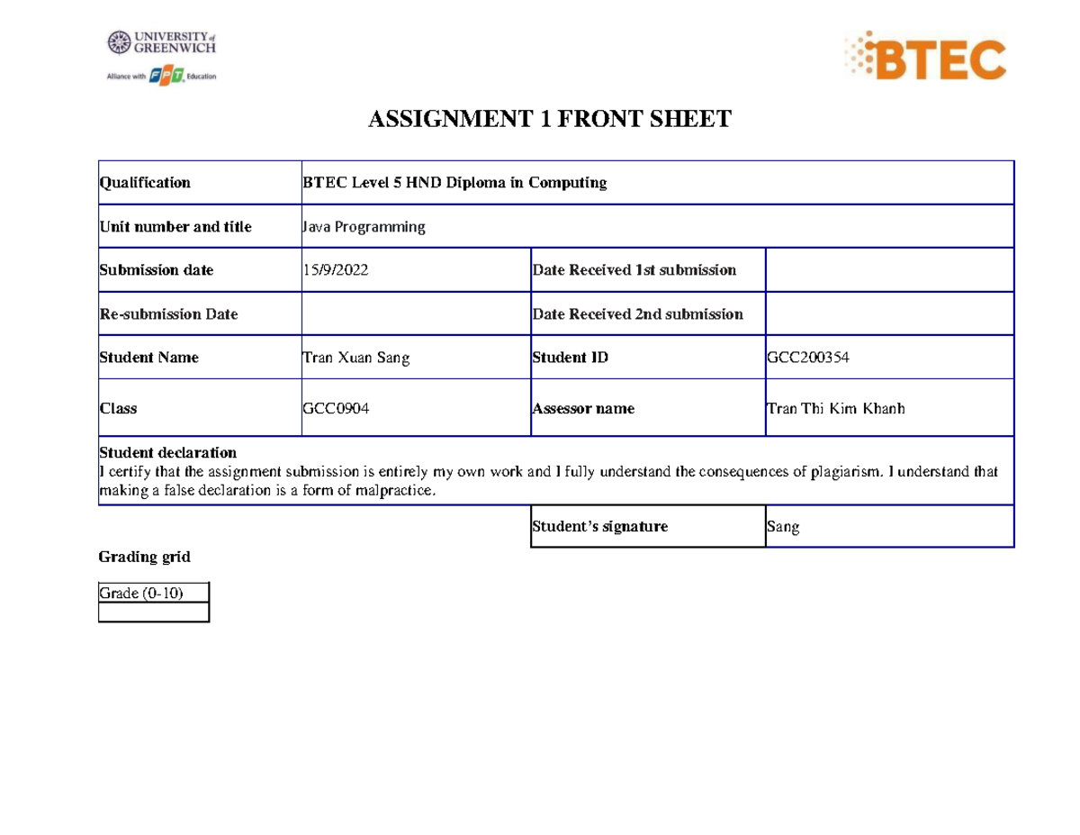 24-Assignment retake sanggcc 2003 54 frontsheet - Grade (0-10 ...