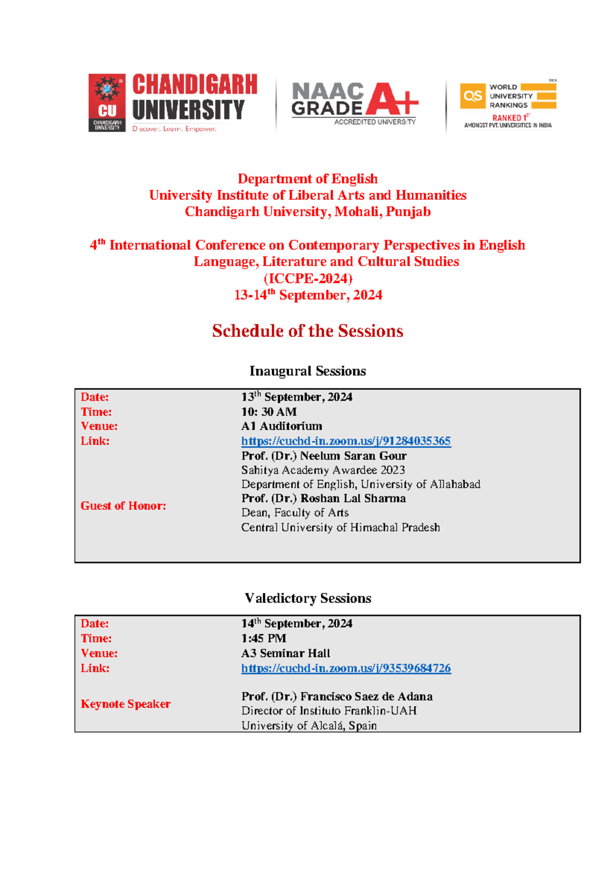 Final Iccpe-2024 Schedule - Department of English University Institute ...
