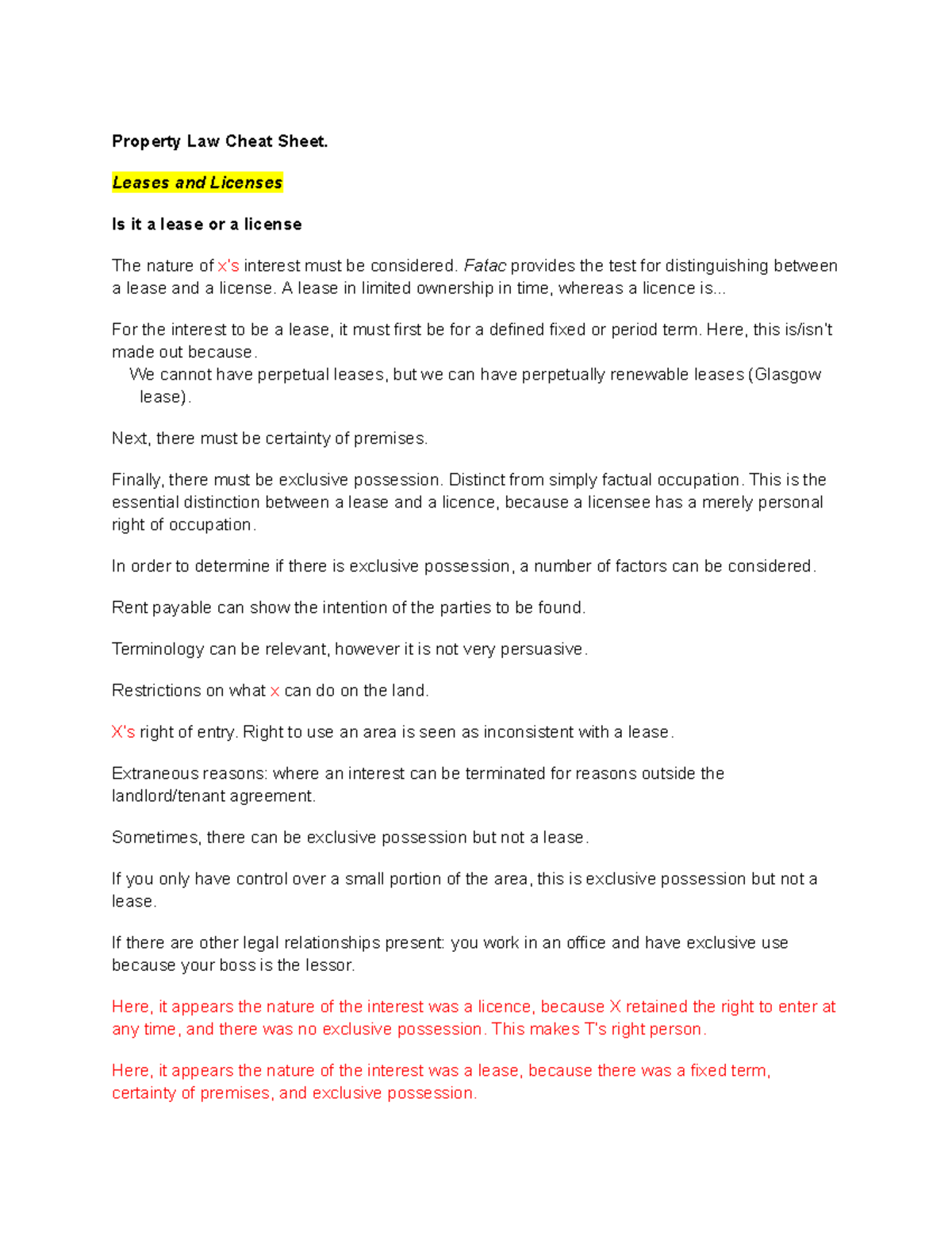 Property Law Cheat Sheet - Leases and Licenses Is it a lease or a ...