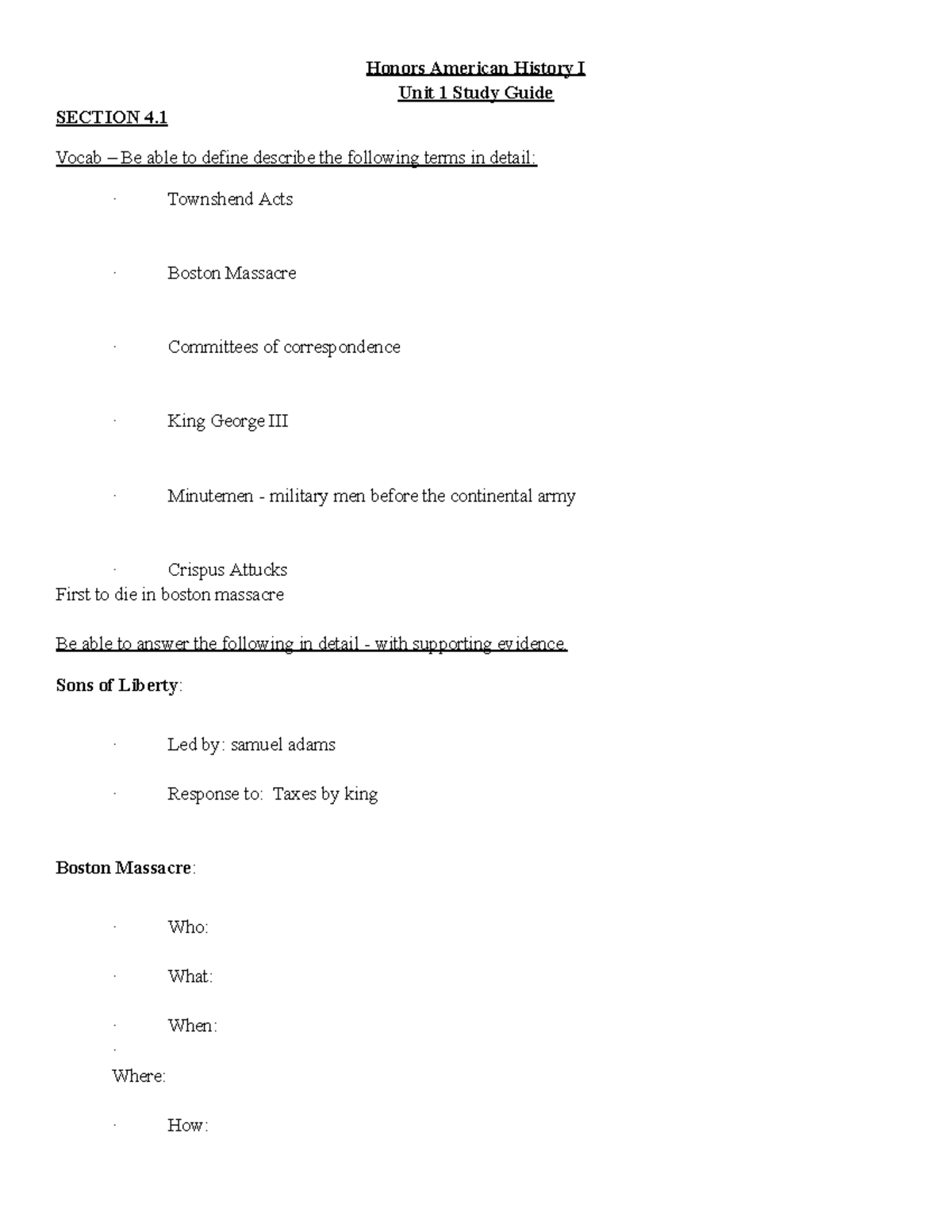 Unit 1 Study Guide - Honors American History I Unit 1 Study Guide ...