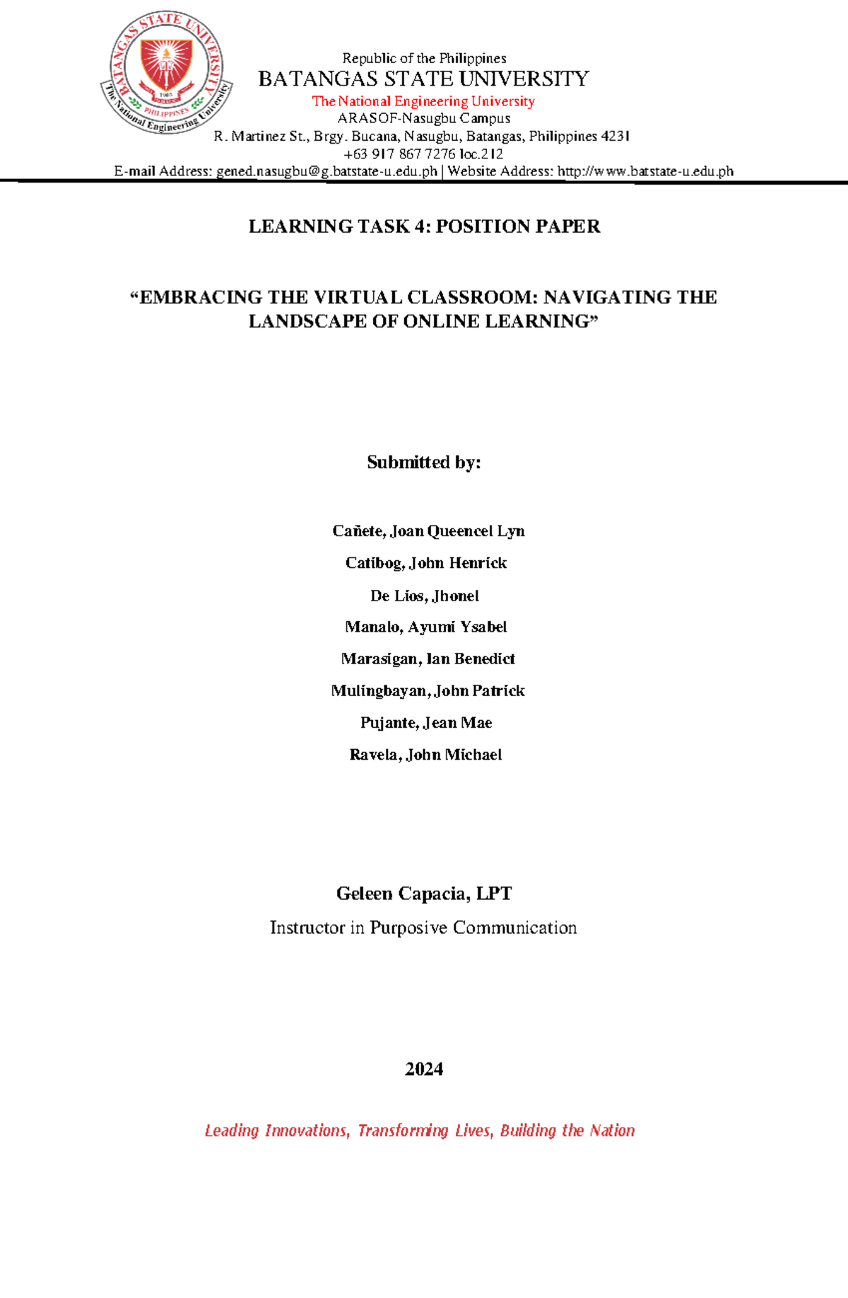 Position paper for Filipino - Republic of the Philippines BATANGAS ...