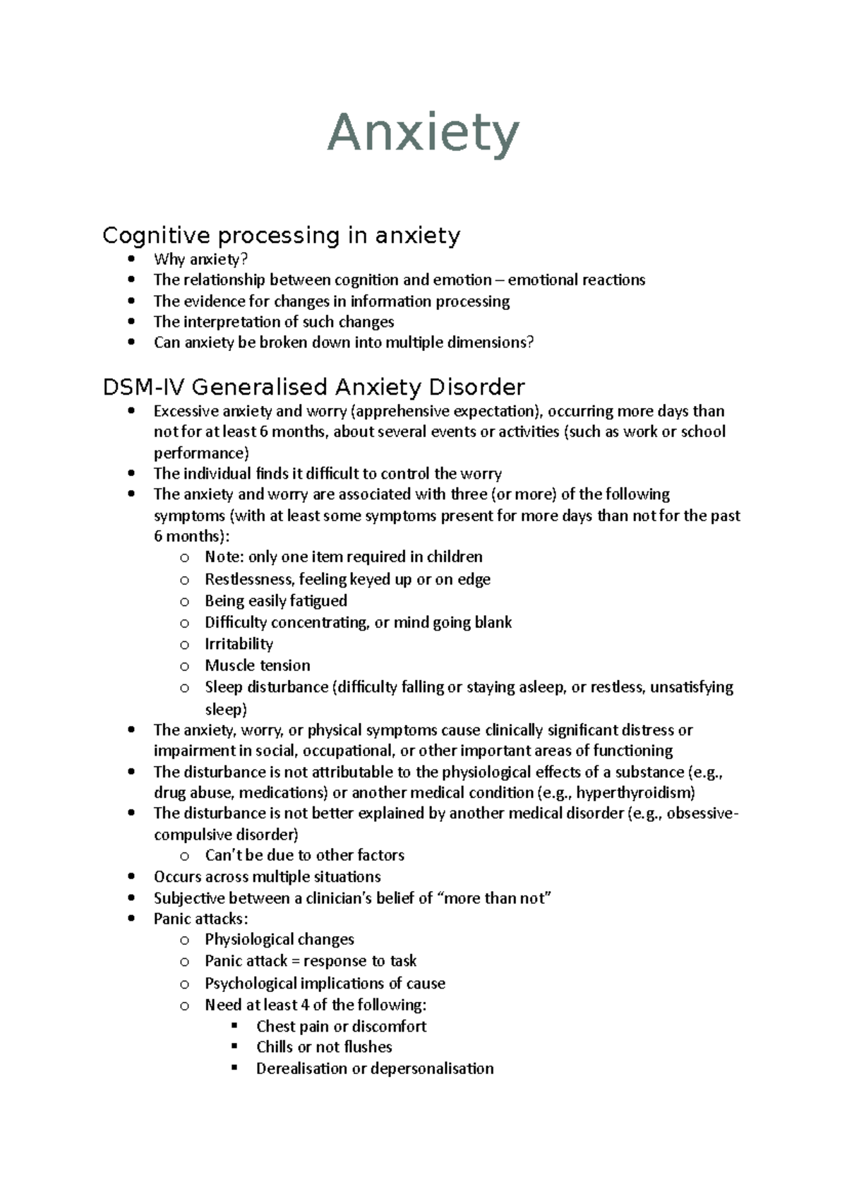 Anxiety - Lecture notes 2 - Anxiety Cognitive processing in anxiety Why ...