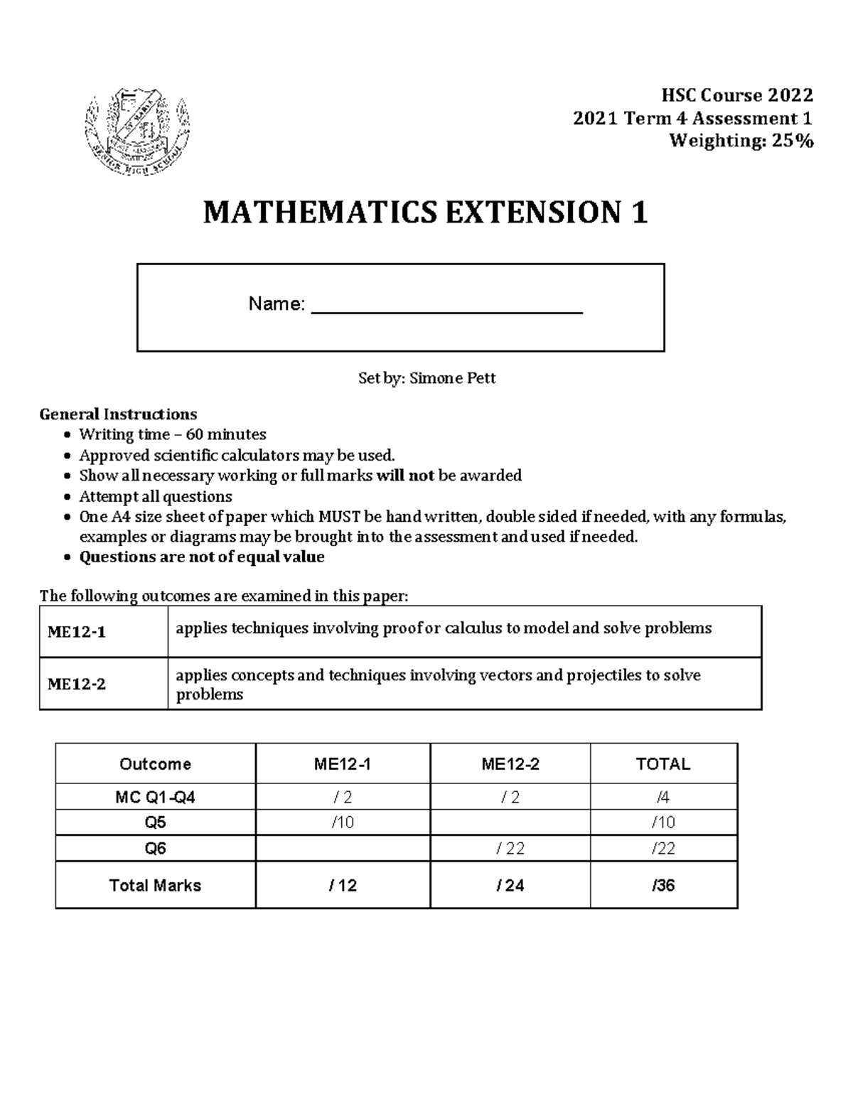 Term 4 2021 HSC 2022 EXT1 Term4Assessment Question&Solution - HSC ...