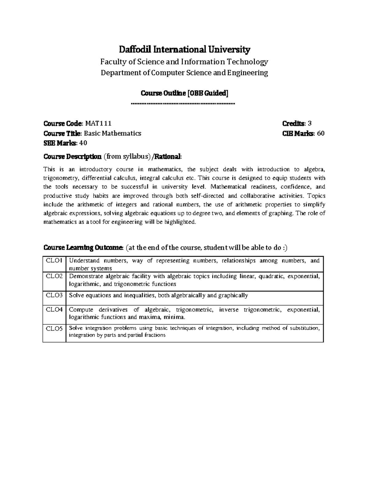 OBE Course Outline -MAT-111 - Daffodil International University Faculty ...