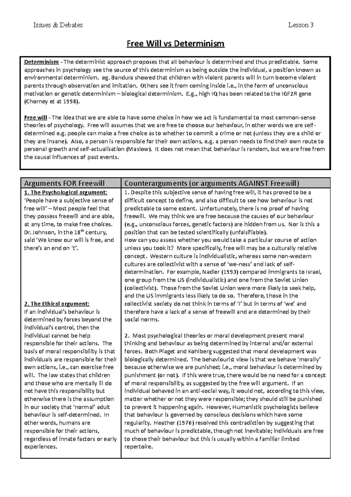 Free Will vs Determinism Handout - Free Will vs Determinism Determinism ...