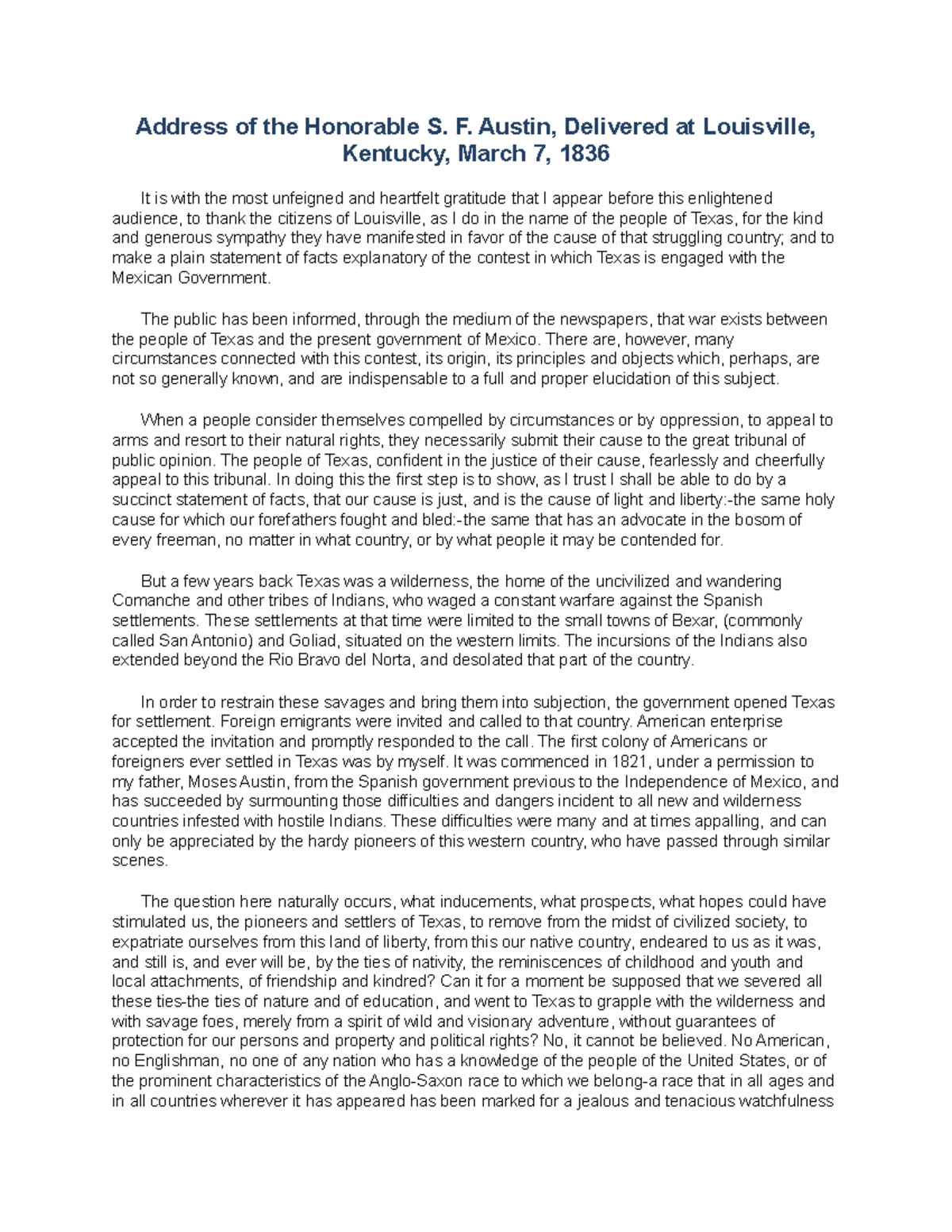 Address of the Honorable S.F Austin - Address of the Honorable S. F ...