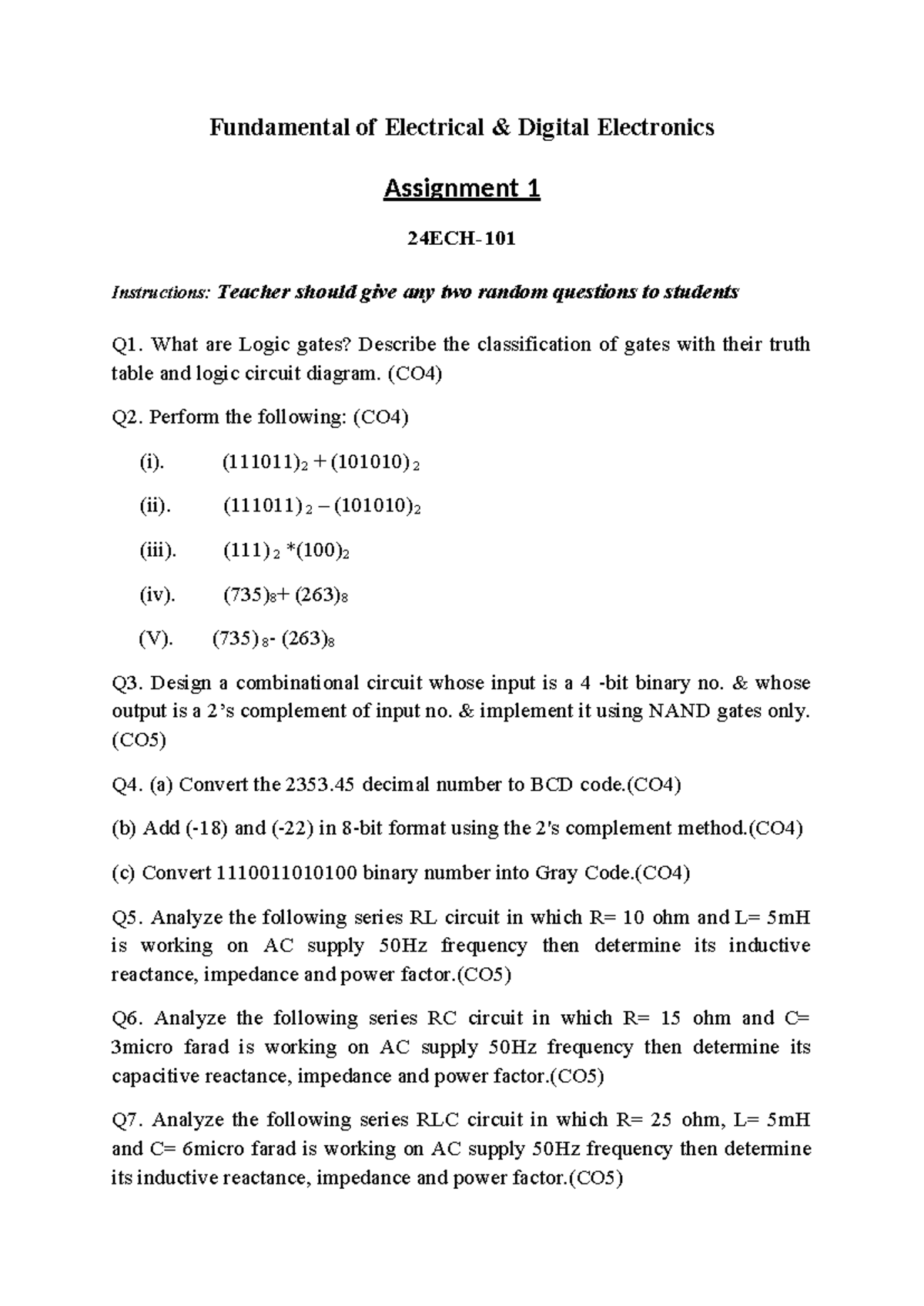 Assignment unit 1 - Questions - Fundamental of Electrical & Digital Electronics Assignment 1 ...